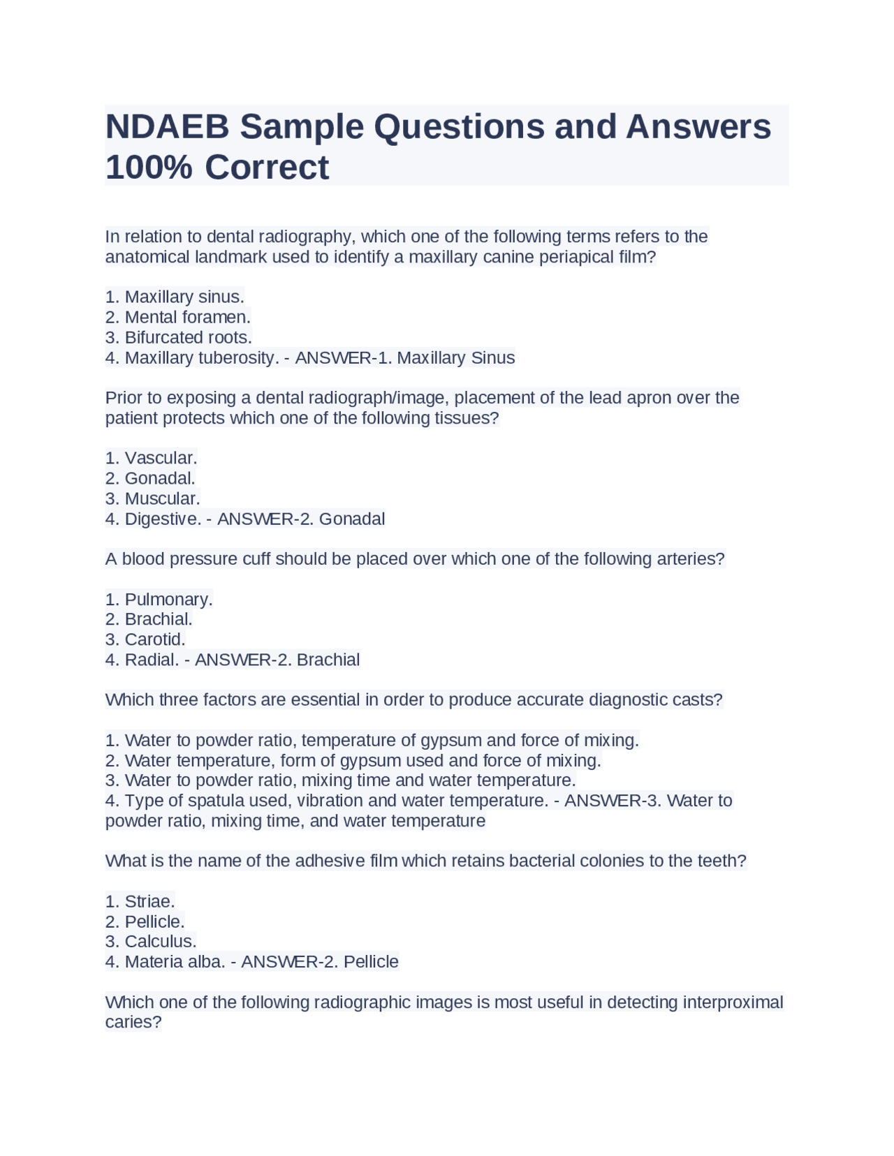 Ndaeb Sample Questions And Answers 100 Correct Exams Dentistry Docsity