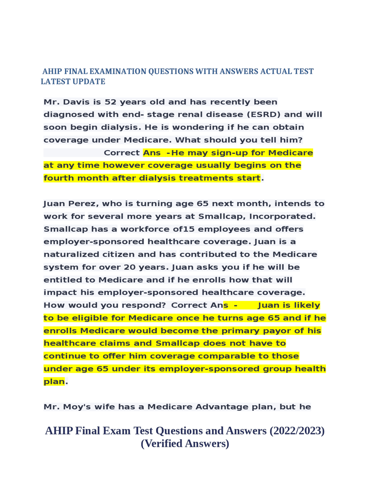 AHIP FINAL EXAMINATION QUESTIONS WITH ANSWERS ACTUAL TEST LATEST UPDATE ...