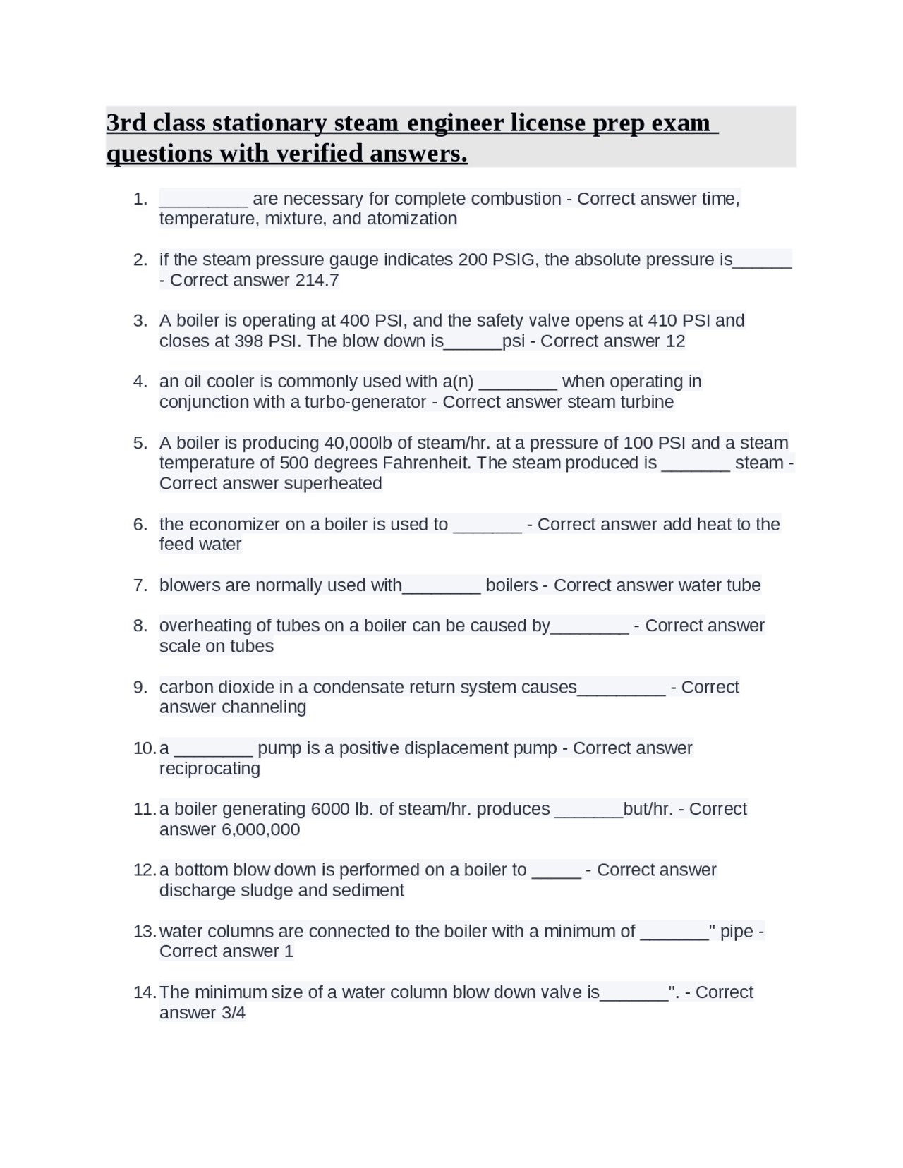 3rd class stationary steam engineer license prep exam questions with ...
