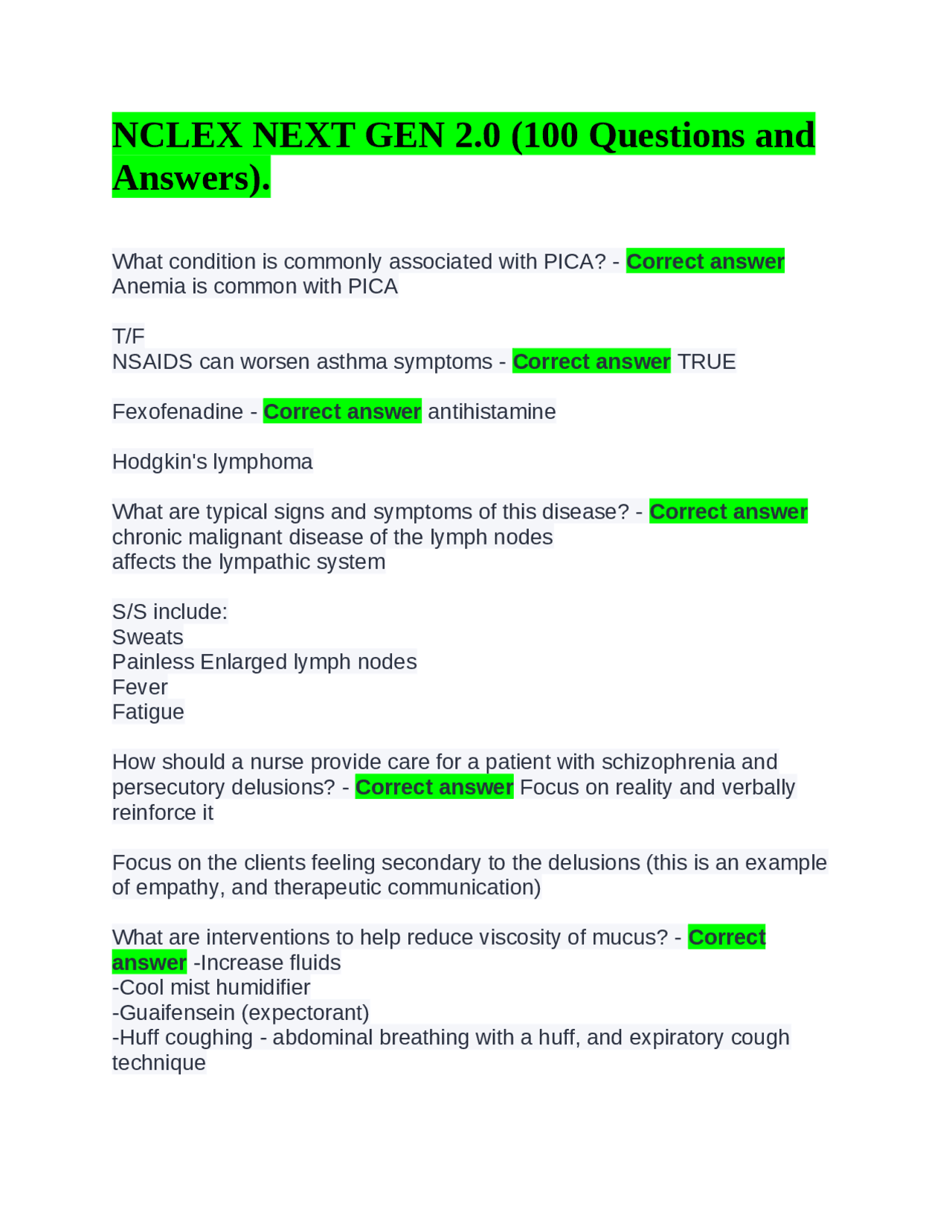 NCLEX NEXT GEN 2.0 (100 Questions and Answers). | Exams Nursing | Docsity