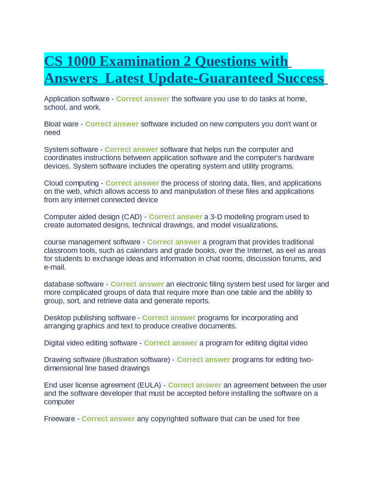 CS 1000 Examination 2 Questions with Answers Latest Update-Guaranteed ...