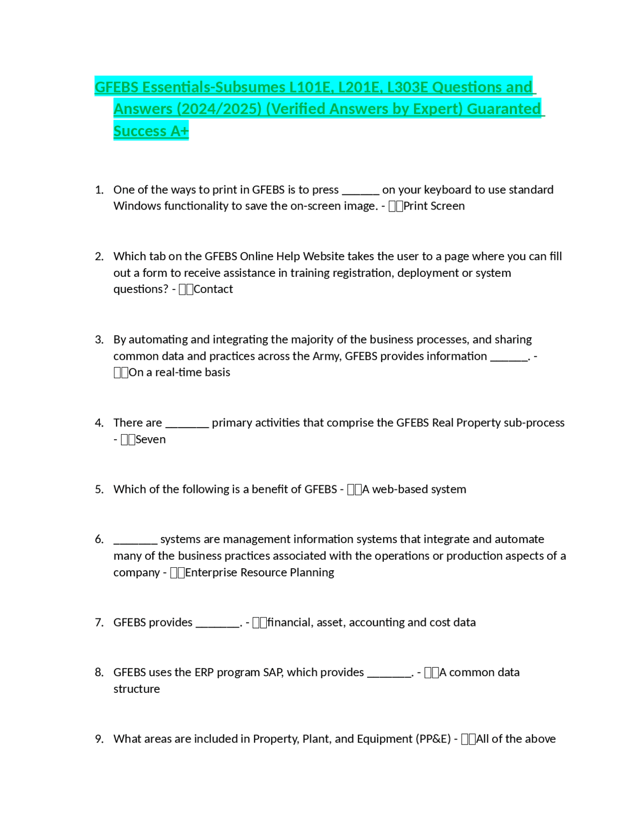 GFEBS Essentials-Subsumes L101E, L201E, L303E Questions and Answers ...