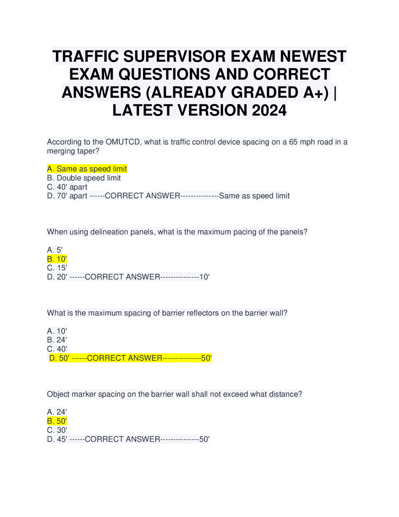 TRAFFIC SUPERVISOR EXAM NEWEST EXAM QUESTIONS AND CORRECT ANSWERS ...