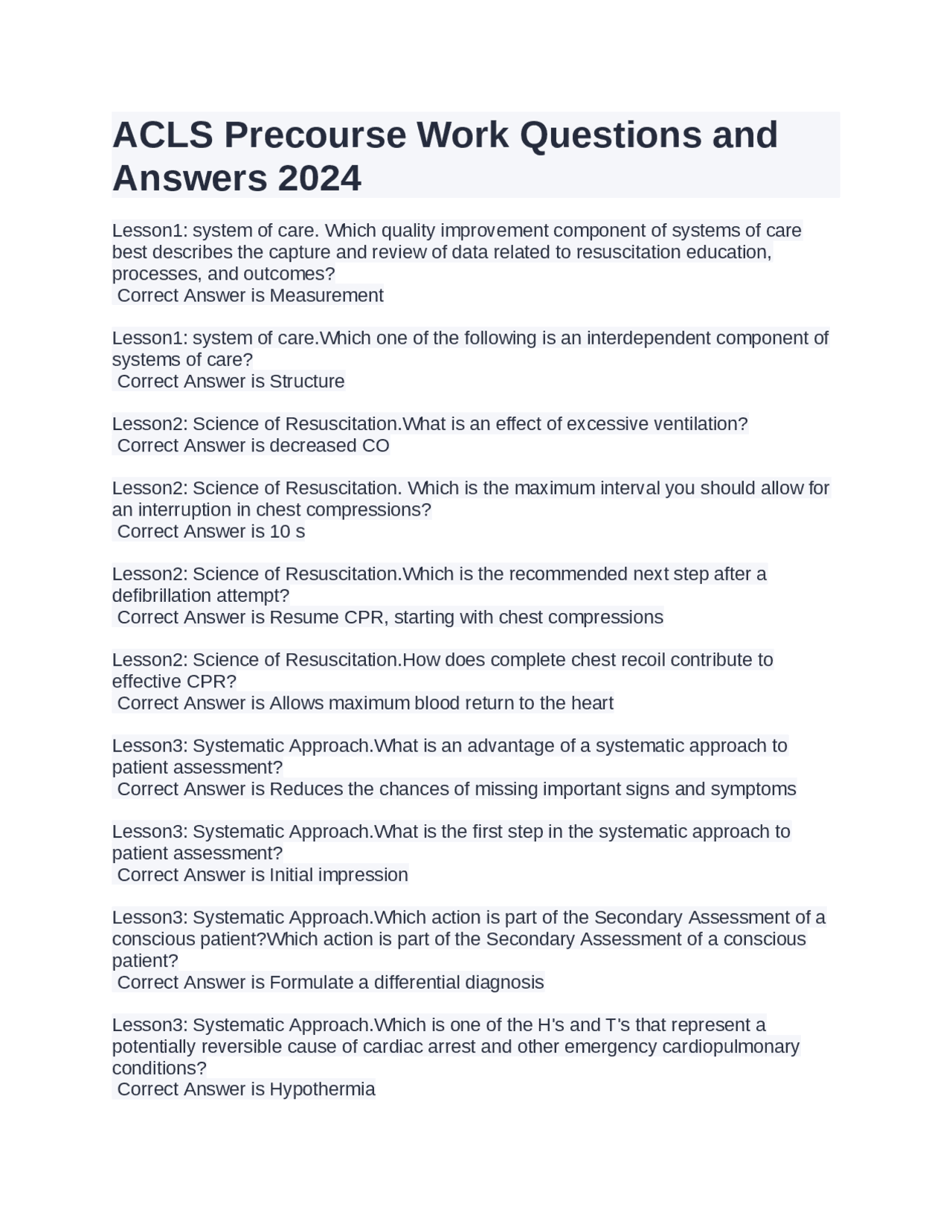 ACLS Precourse Work Questions and Answers 2024 | Exams Nursing | Docsity