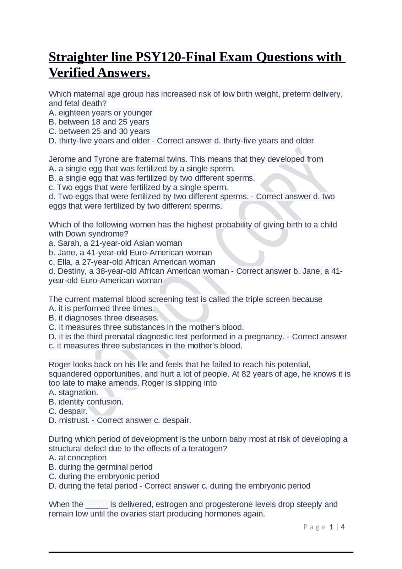 Straighterline PSY120-Final Exam Questions with Verified Answers ...