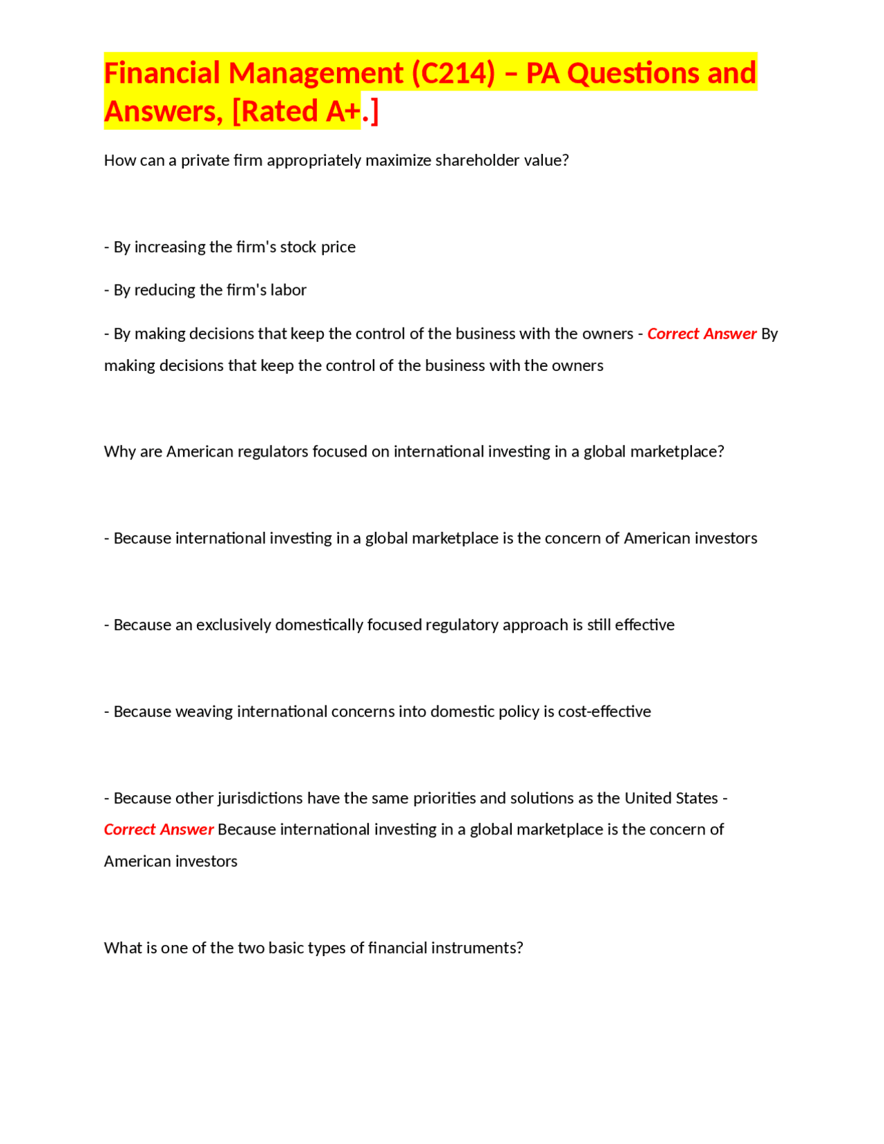 Financial Management PA Questions and Answers | Exams Financial ...