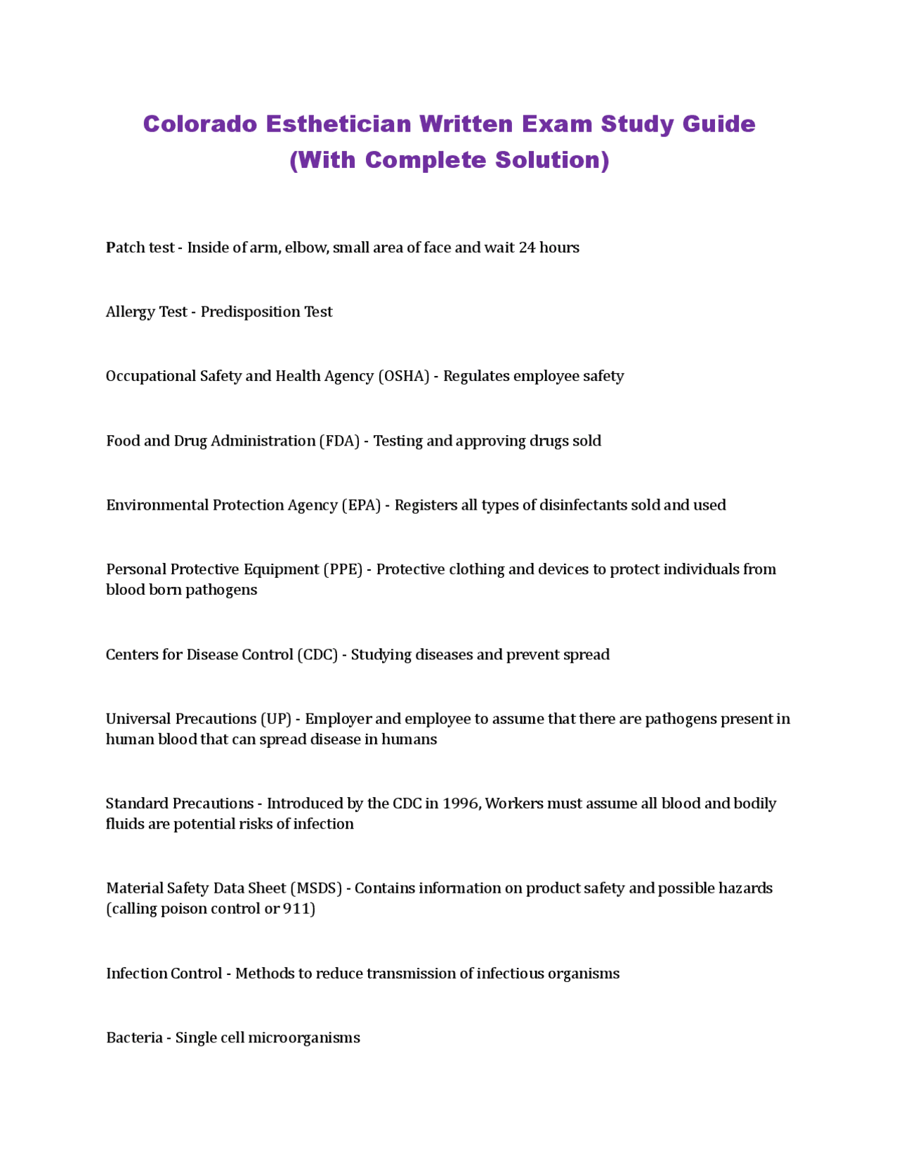 Colorado Esthetician Written Exam Study Guide (With Complete Solution ...
