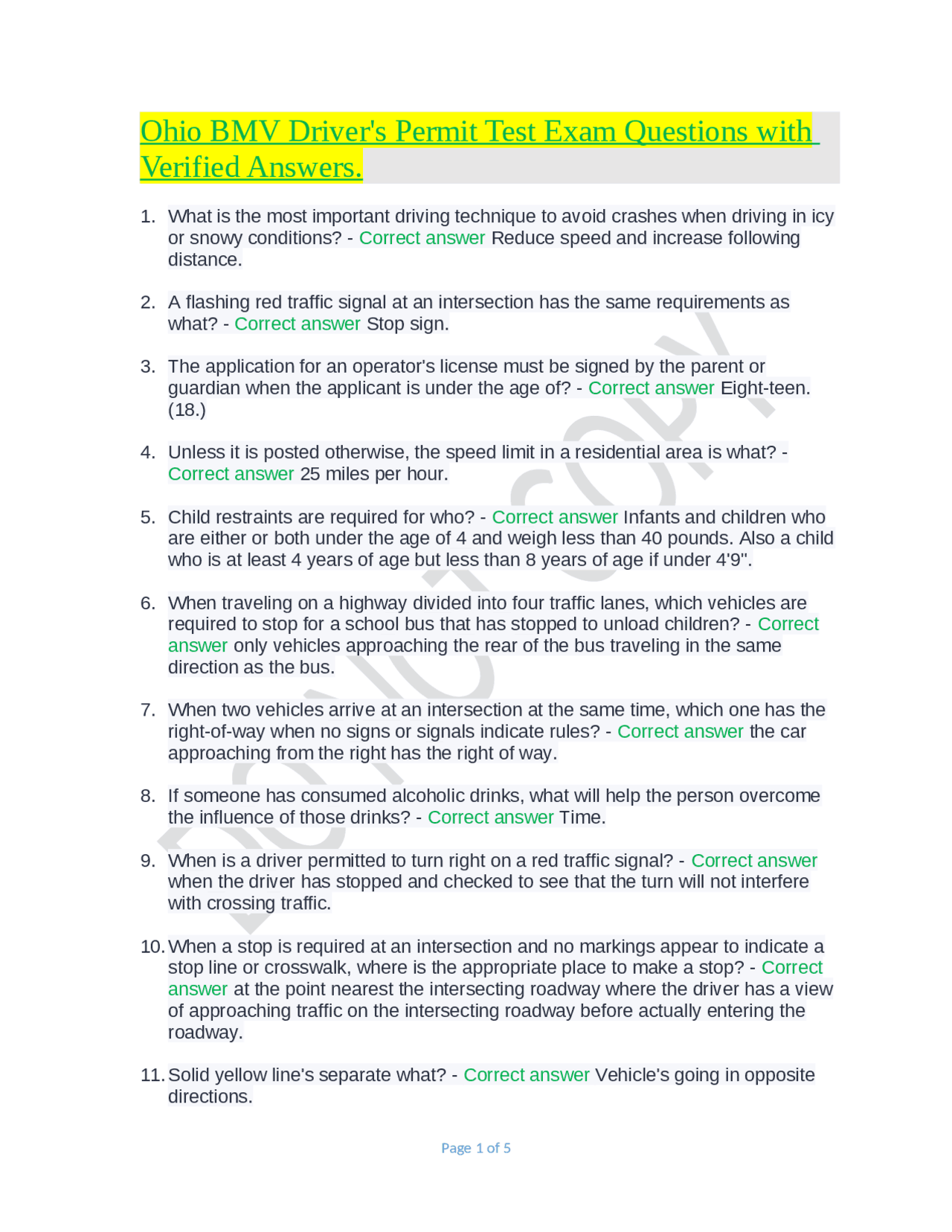 Ohio BMV Driver's Permit Test Exam Questions and Answers | Exams Solid ...