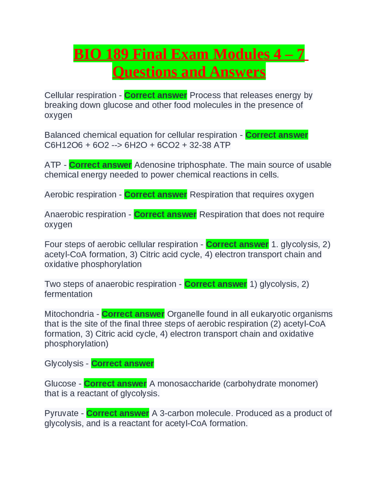 BIO 189 Final Exam Modules 4 – 7 Questions and Answers | Exams Nursing ...