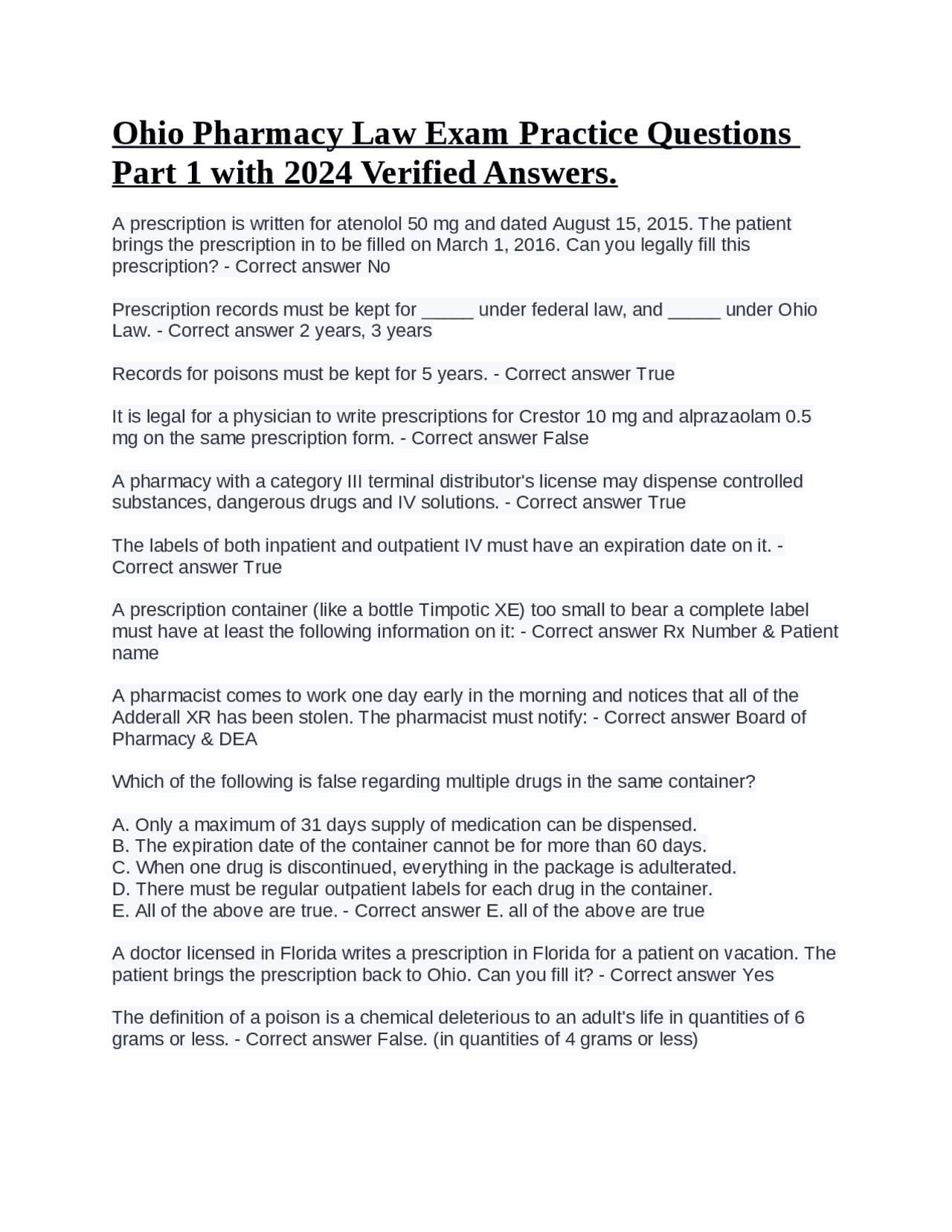 Ohio Pharmacy Law Exam Practice Questions Part 1 with 2024 Verified ...