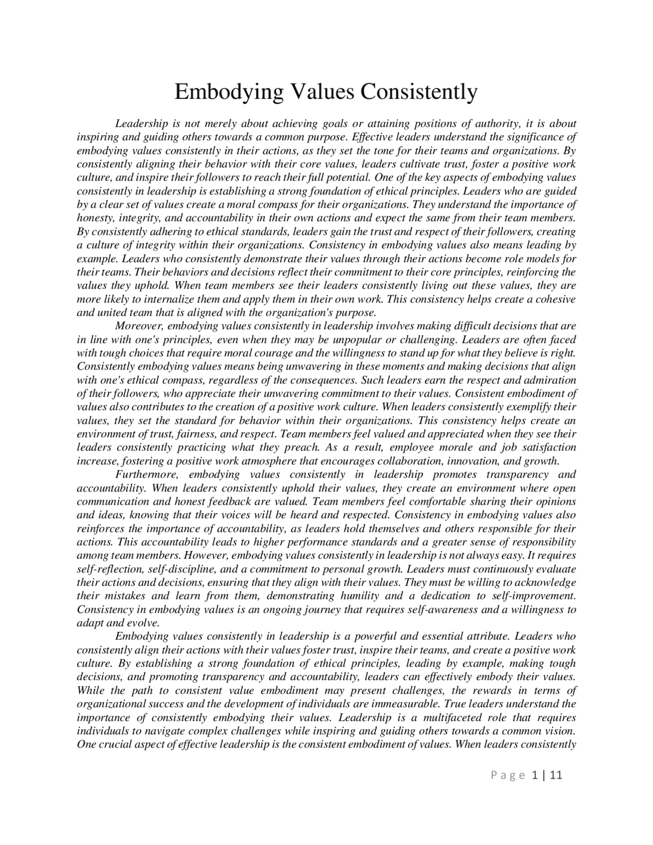 Leadership - Embodying Values Consistently | Essays (university ...