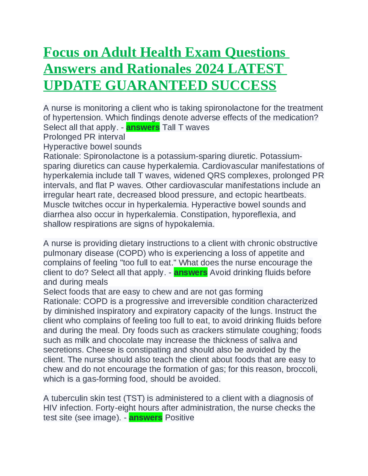 Focus on Adult Health Exam Questions Answers and Rationales 2024 LATEST ...