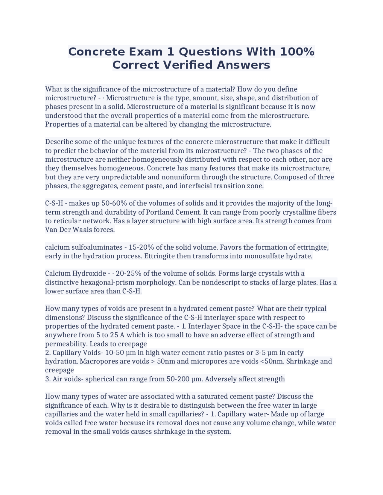 Concrete Exam 1 Questions With 100% Correct Verified Answers | Exams ...