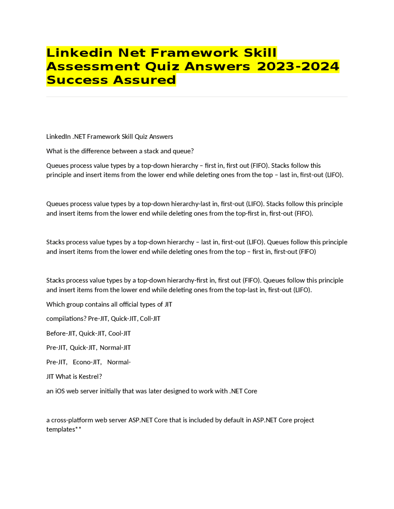 Linkedin Net Framework Skill Assessment Quiz Answers 2023-2024 Success Assured | Exams Computer ...