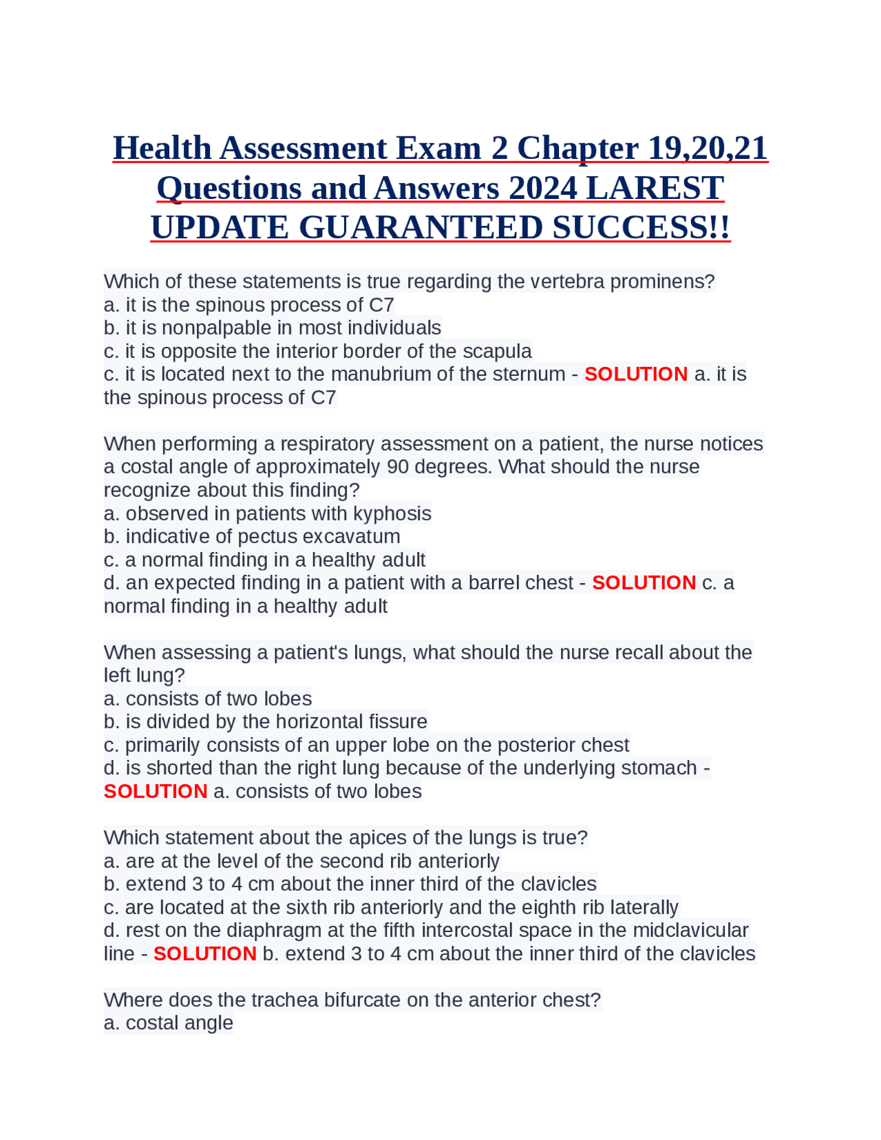 Health Assessment Exam 2 Chapter 19,20,21 Questions and Answers 2024 ...