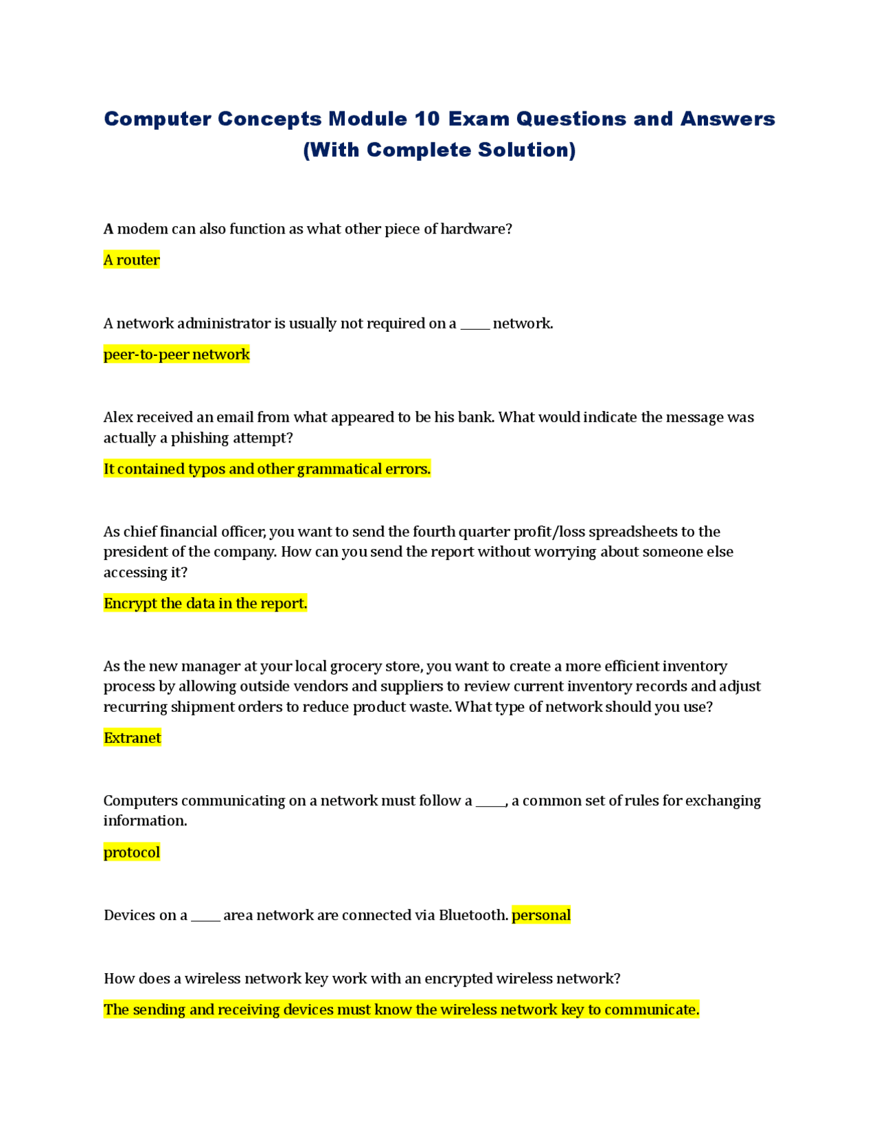 Computer Concepts Module 10 Exam Questions and Answers (With Complete Solution) | Exams Computer ...
