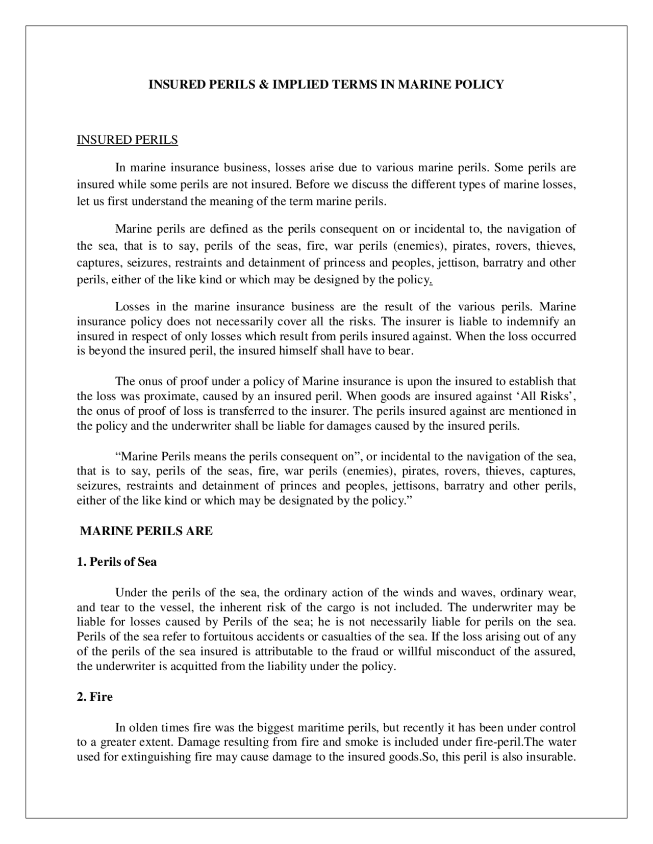 Insured Perils and Implied Terms in Marine Insurance Policies | Study ...