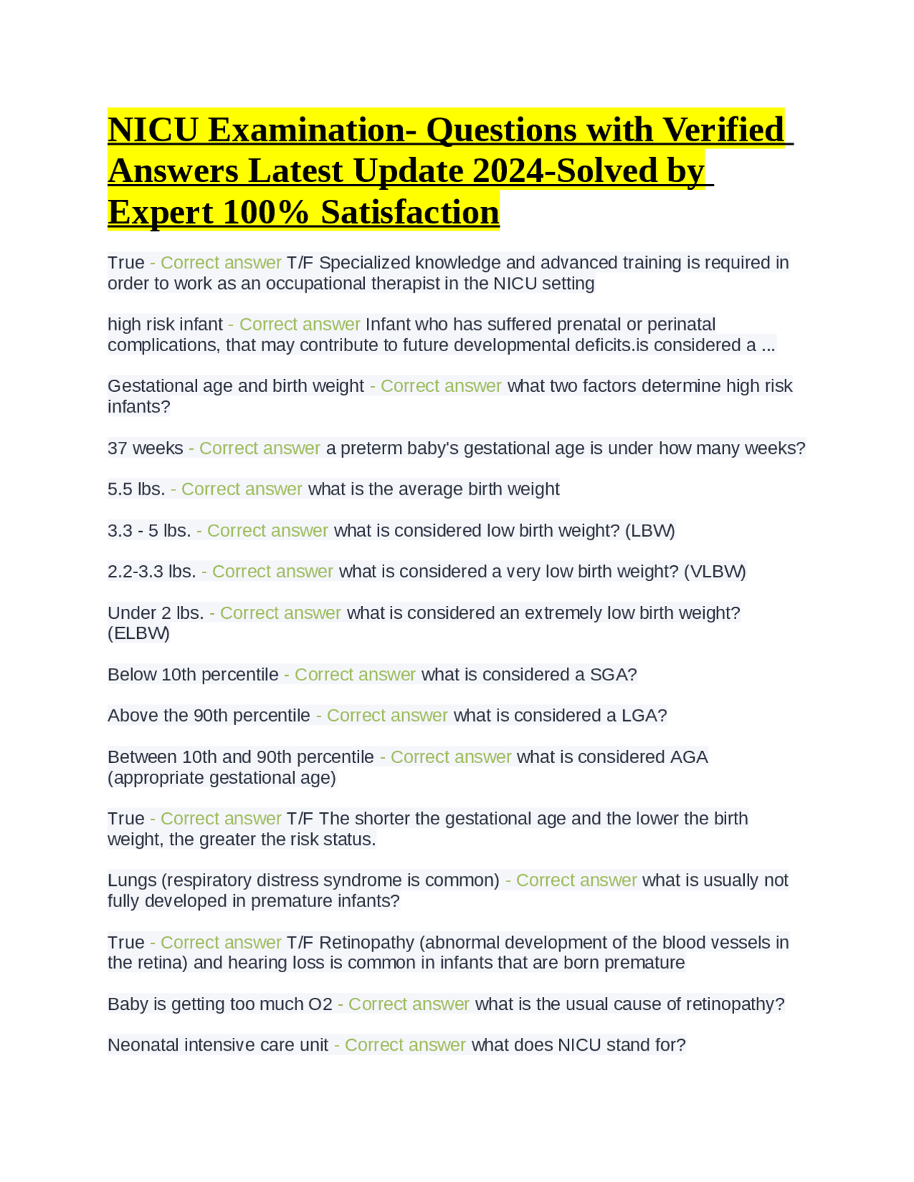 NICU Examination- Questions with Verified Answers Latest Update 2024 ...