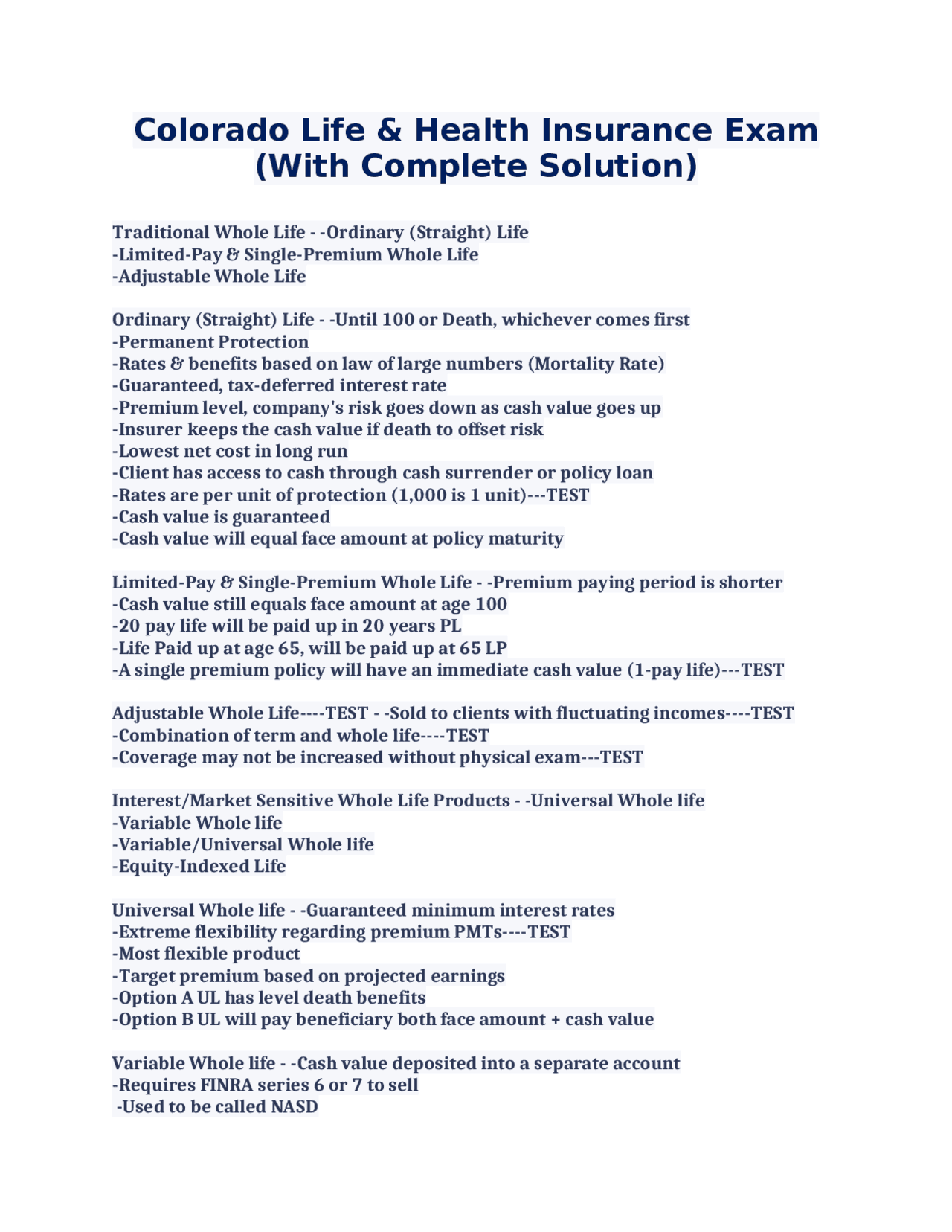 Colorado Life & Health Insurance Exam (With Complete Solution) | Exams ...