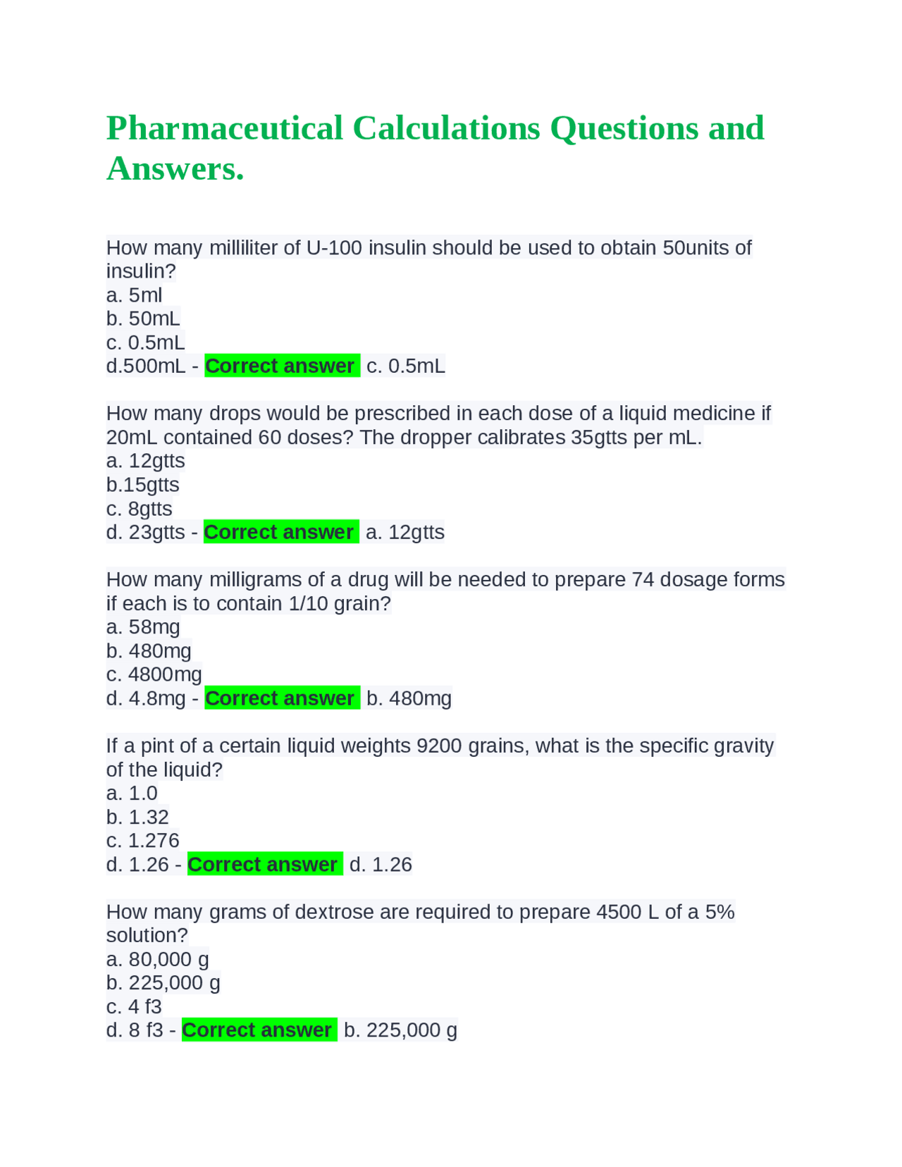 Pharmaceutical Calculations Questions and Answers. | Exams ...