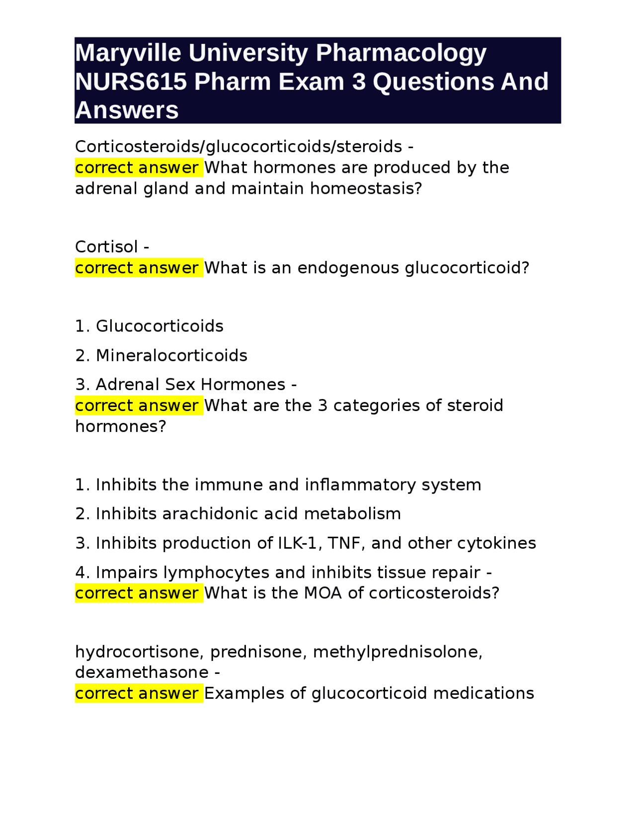 Maryville University Pharmacology NURS615 Pharm Exam 3 Questions And ...