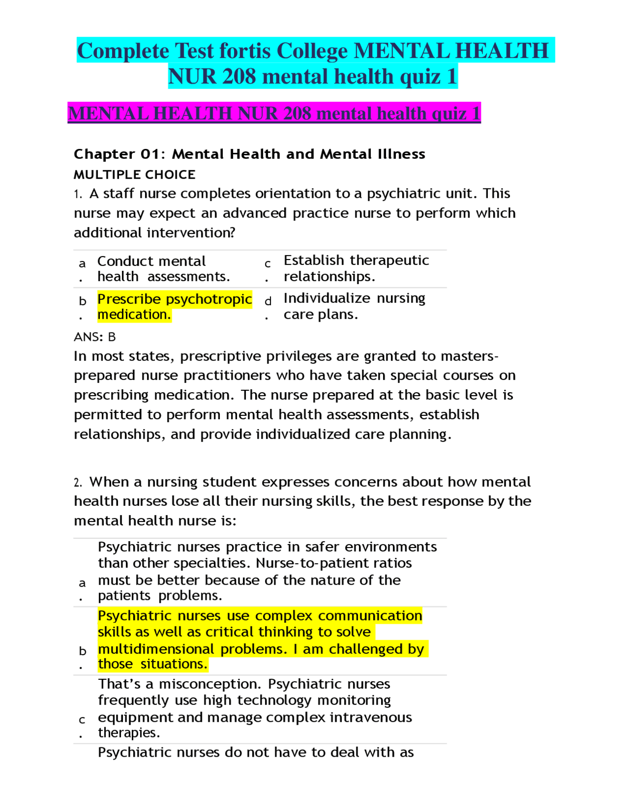 Complete Test fortis College MENTAL HEALTH NUR 208 mental health quiz 1 ...