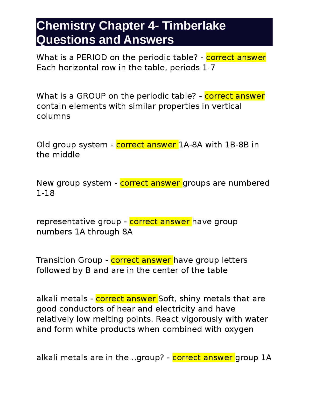 Chemistry Chapter 4: Periodic Table and Atomic Structure - Timberlake Q ...
