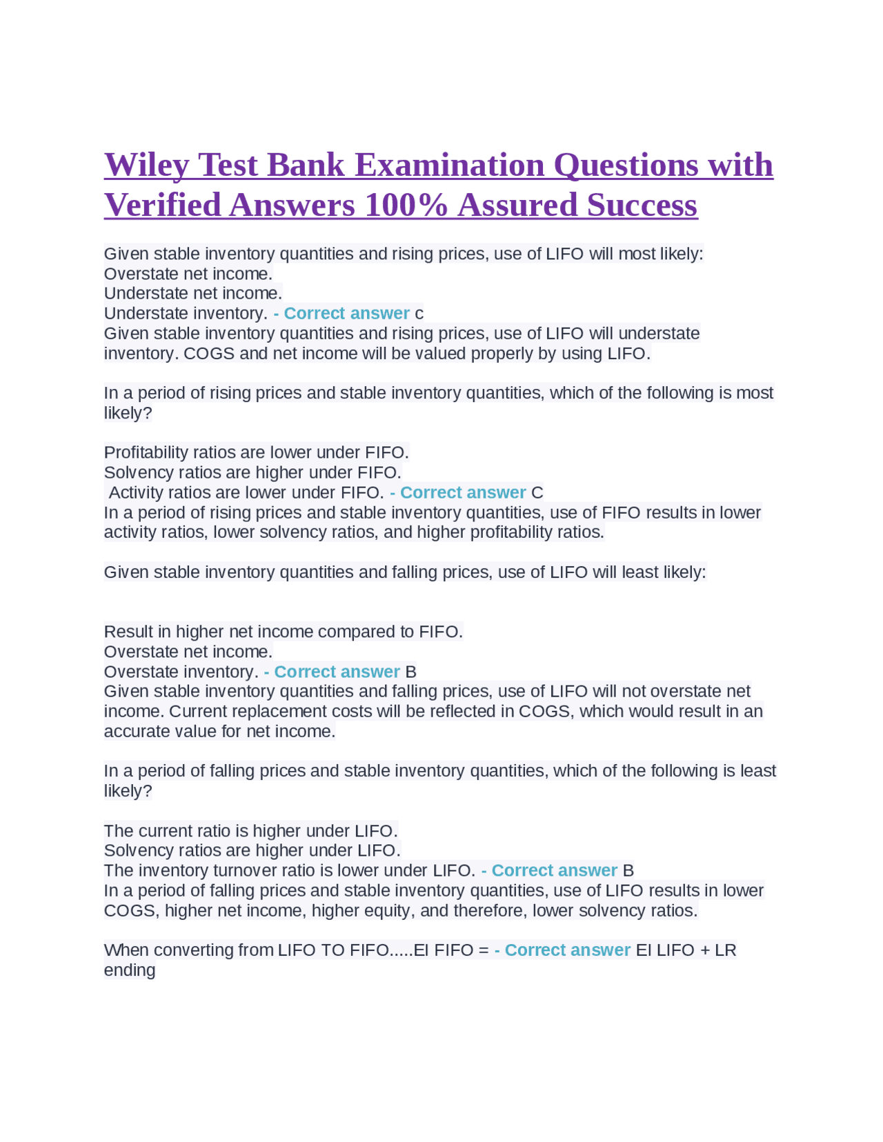 Wiley Test Bank Examination Questions with Verified Answers 100% ...