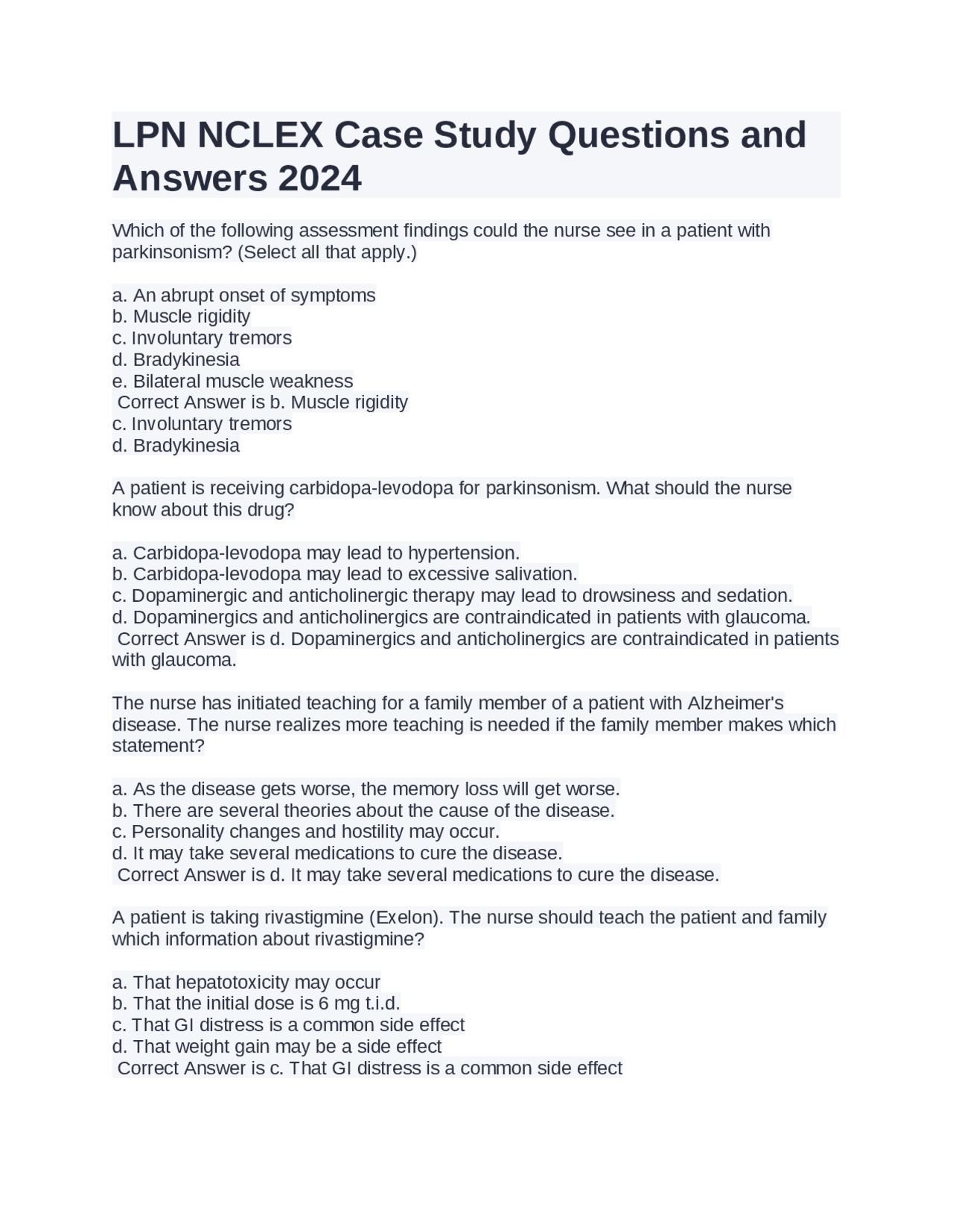 LPN NCLEX Case Study Questions and Answers 2024 | Exams Nursing | Docsity