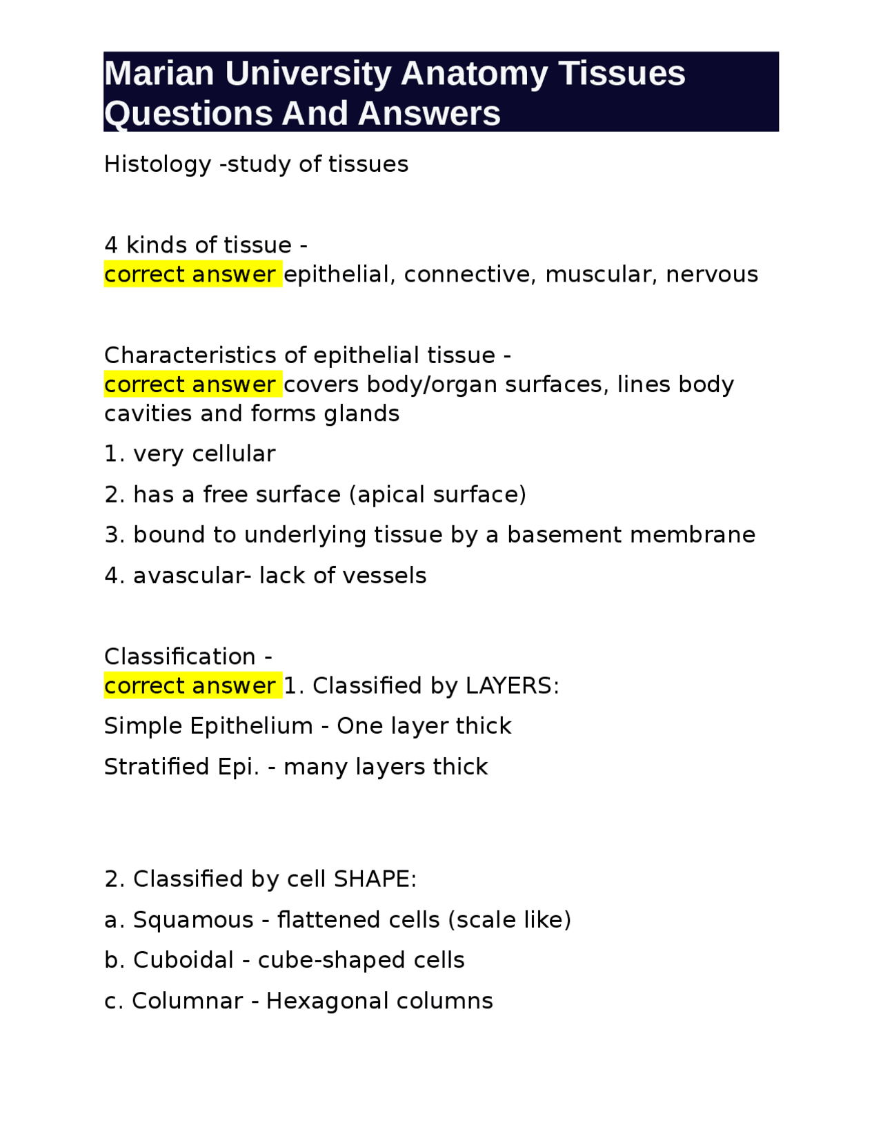 Comprehensive Study Guide: Anatomy Tissues at Marian University | Exams ...