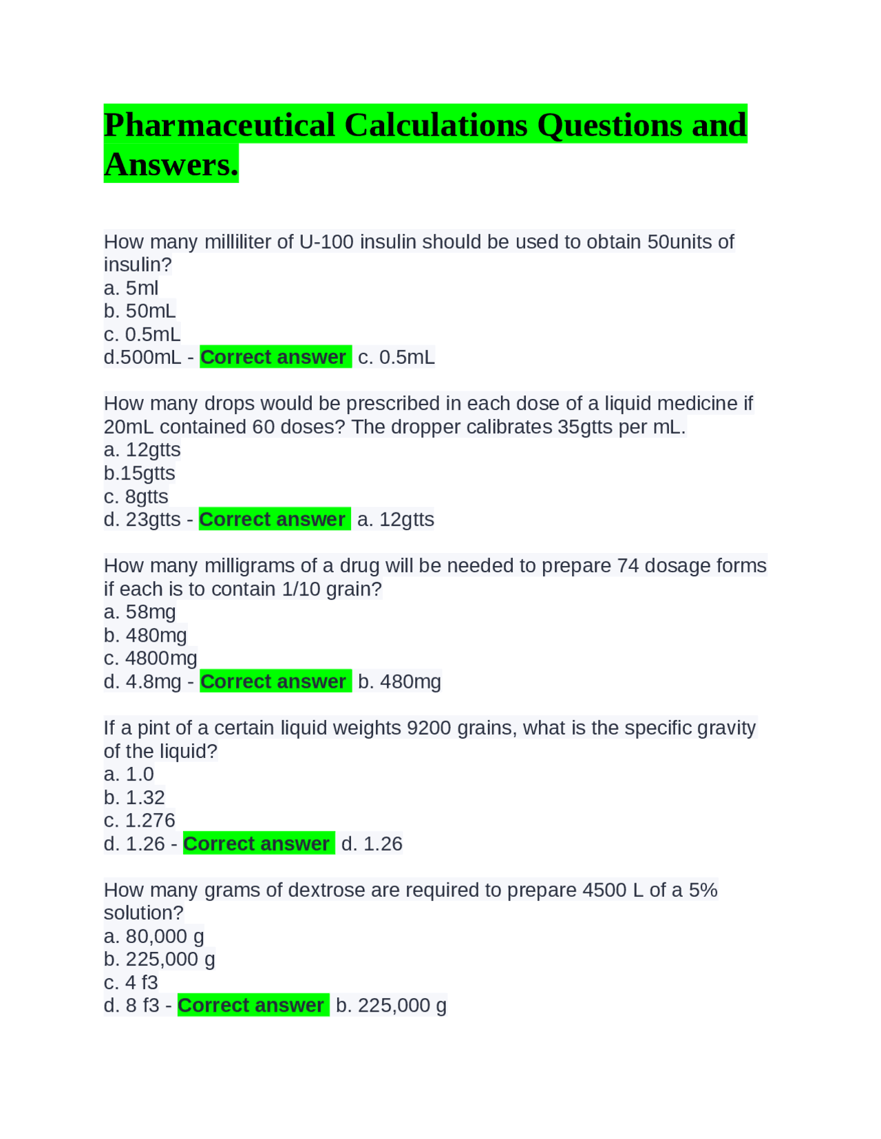 Pharmaceutical Calculations Questions and Answers. | Exams Nursing ...