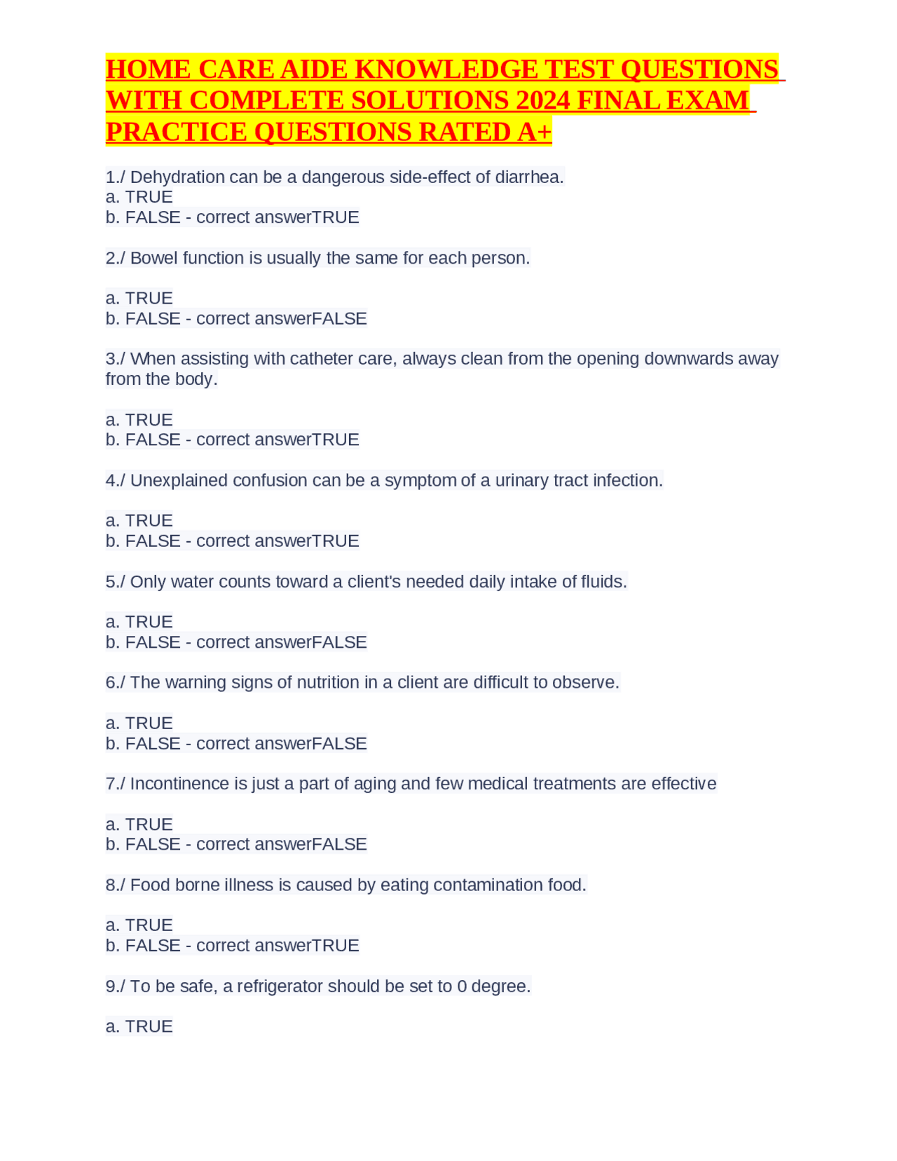 HOME CARE AIDE KNOWLEDGE TEST QUESTIONS WITH COMPLETE SOLUTIONS 2024 ...