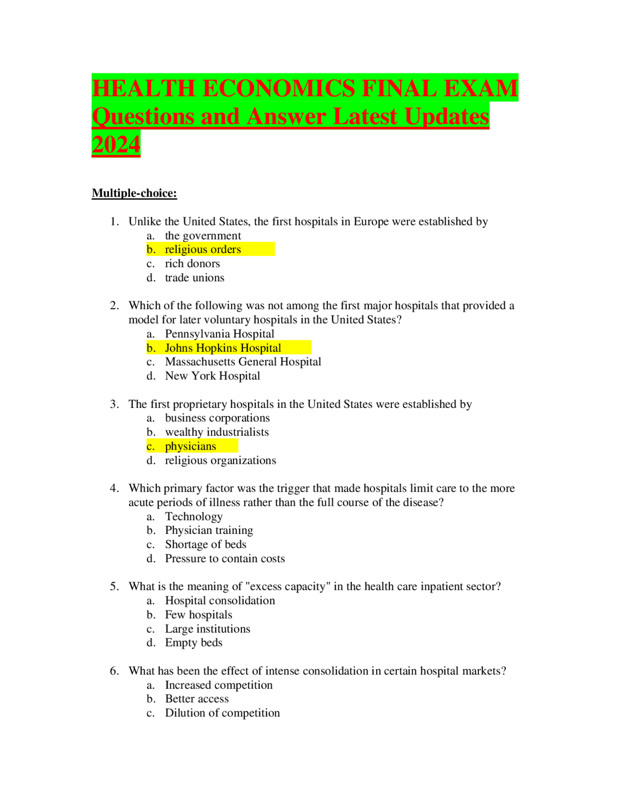 Health Economics Final Exam Questions And Answer Latest Updates 2024 Pdf Exams Nursing Docsity