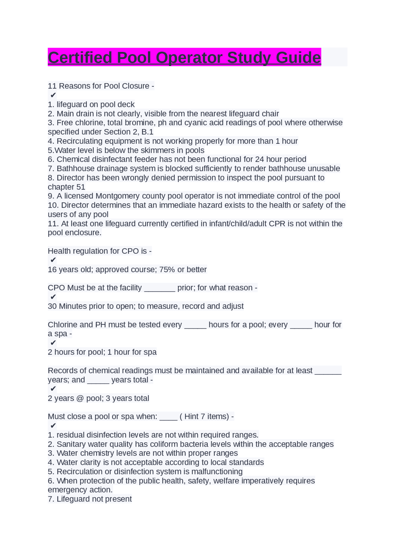 Certified Pool Operator Study Guide | Exams Nursing | Docsity