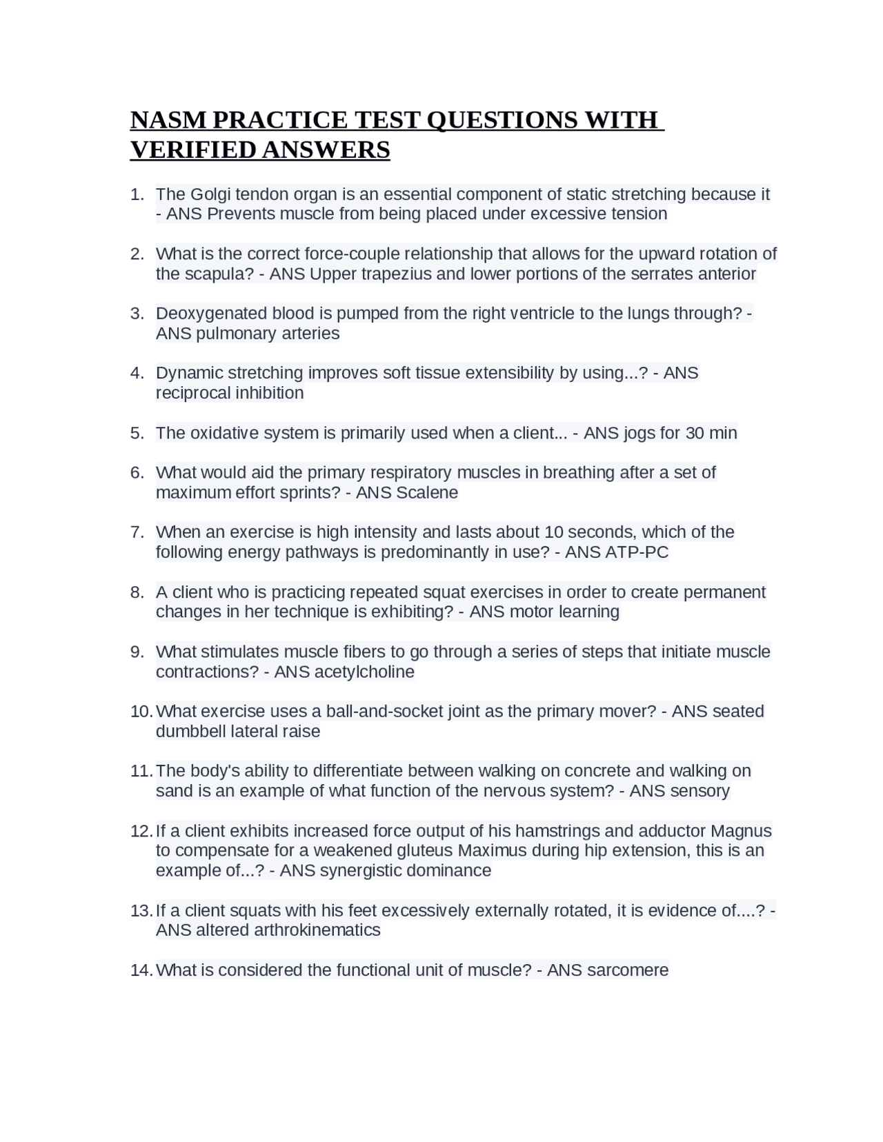 NASM PRACTICE TEST QUESTIONS WITH VERIFIED ANSWERS | Exams Company ...