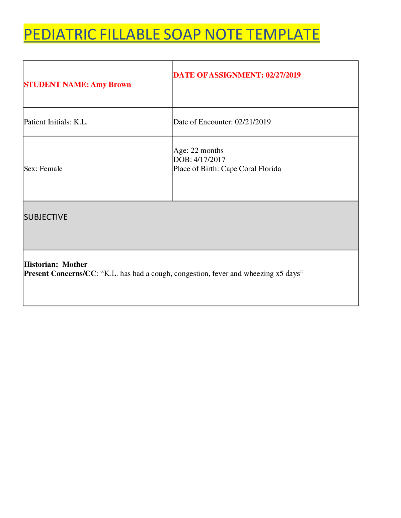 SOAP Note Template for 22-Month-Old Female with Cough, Congestion ...