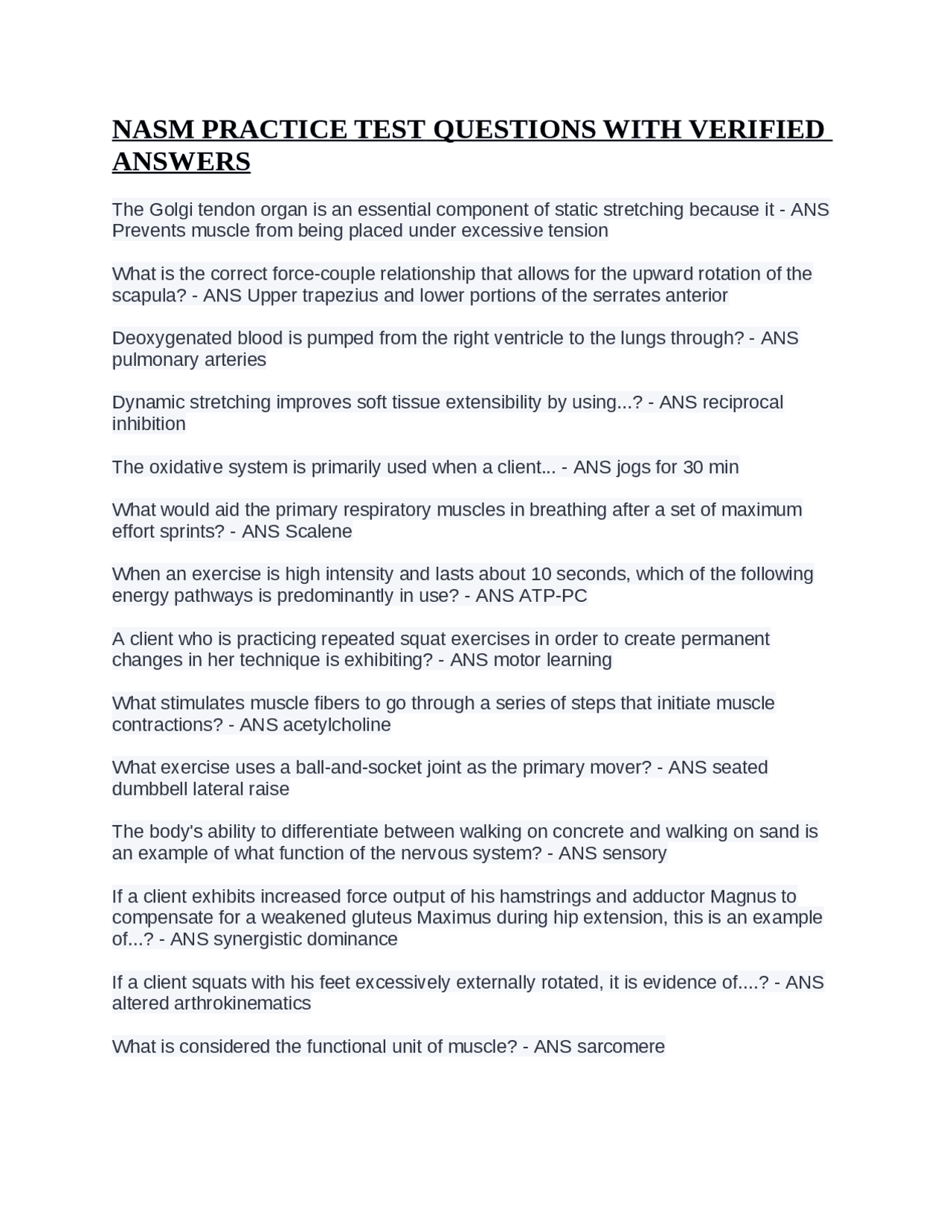 NASM PRACTICE TEST QUESTIONS WITH VERIFIED ANSWERS | Exams Laboratory ...