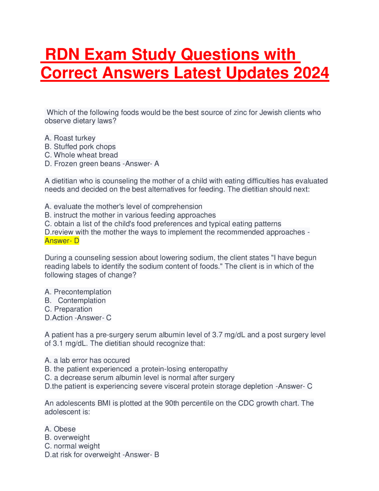RDN Exam Study Questions with Correct Answers Latest Updates 2024.pdf ...