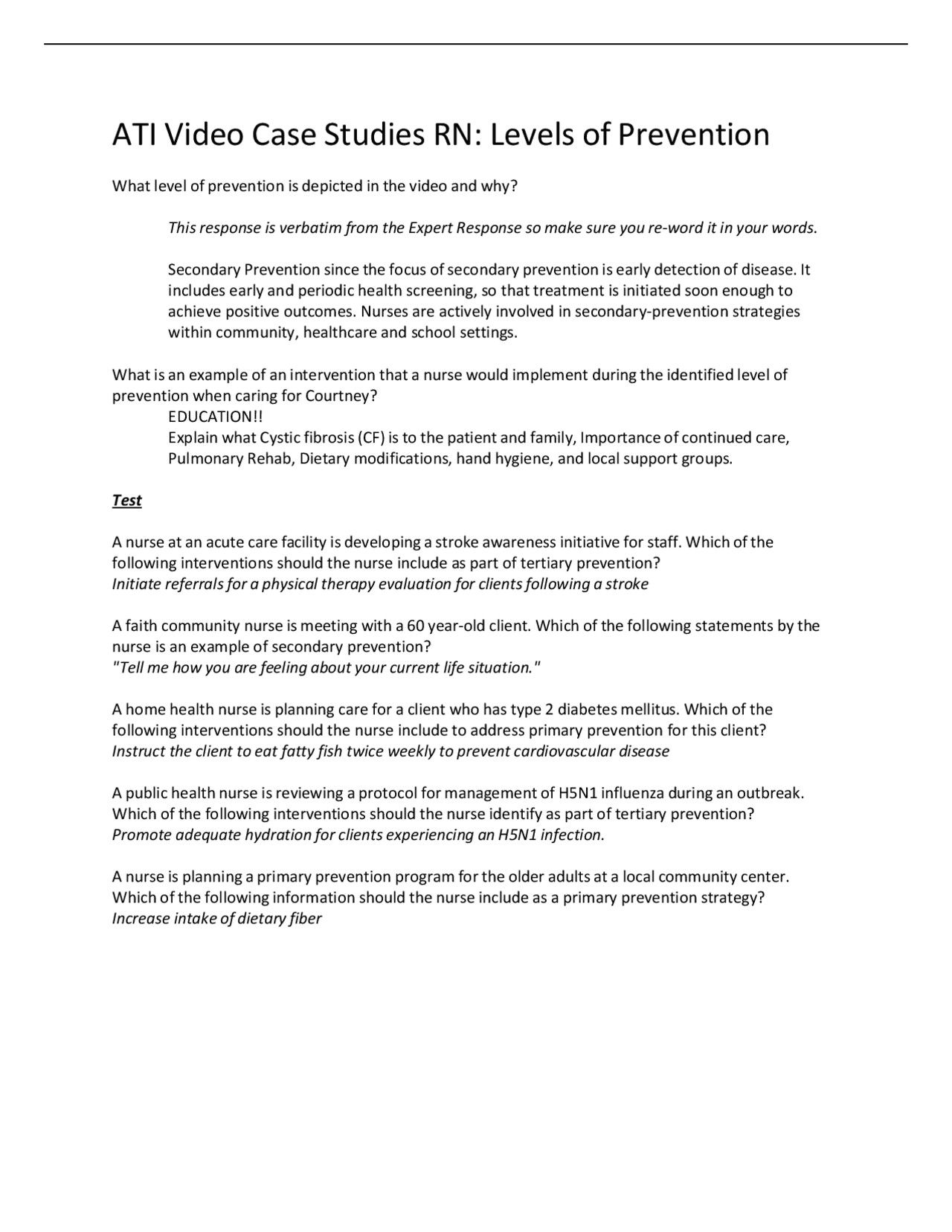 ATI Video Case Studies RN: Levels of Prevention | Exams Nursing | Docsity