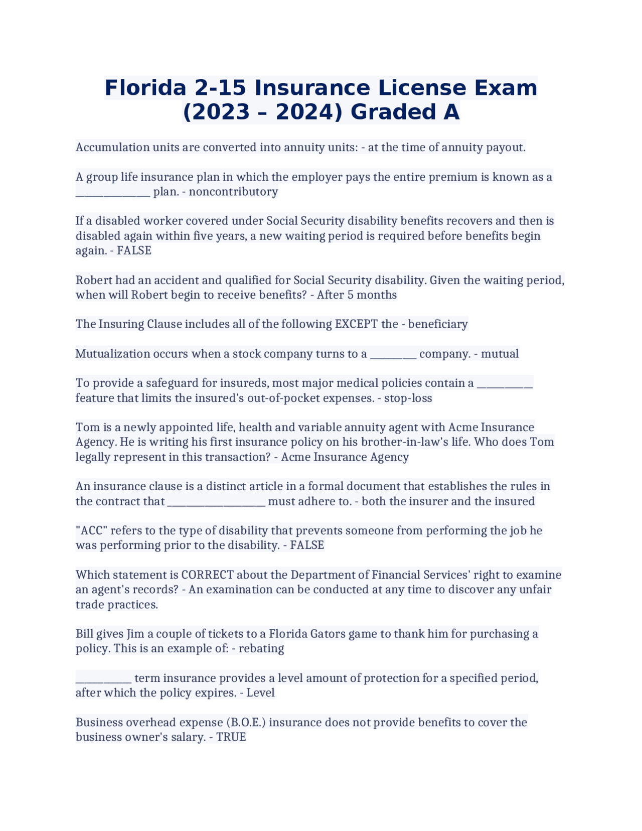 Florida Insurance Exam Review: Key Concepts and Questions | Exams Law ...