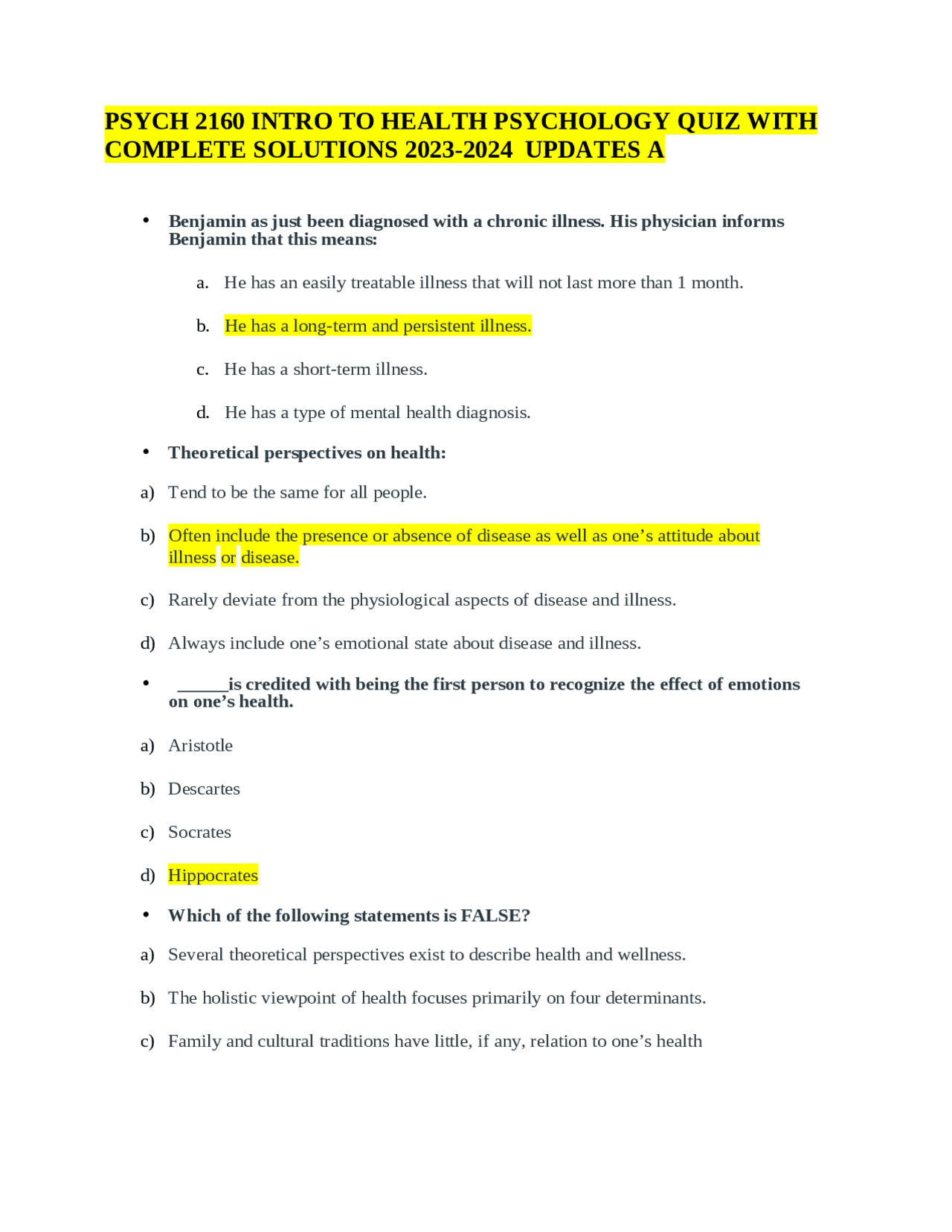 Intro to Health Psychology Quiz Solutions: Understanding Health ...