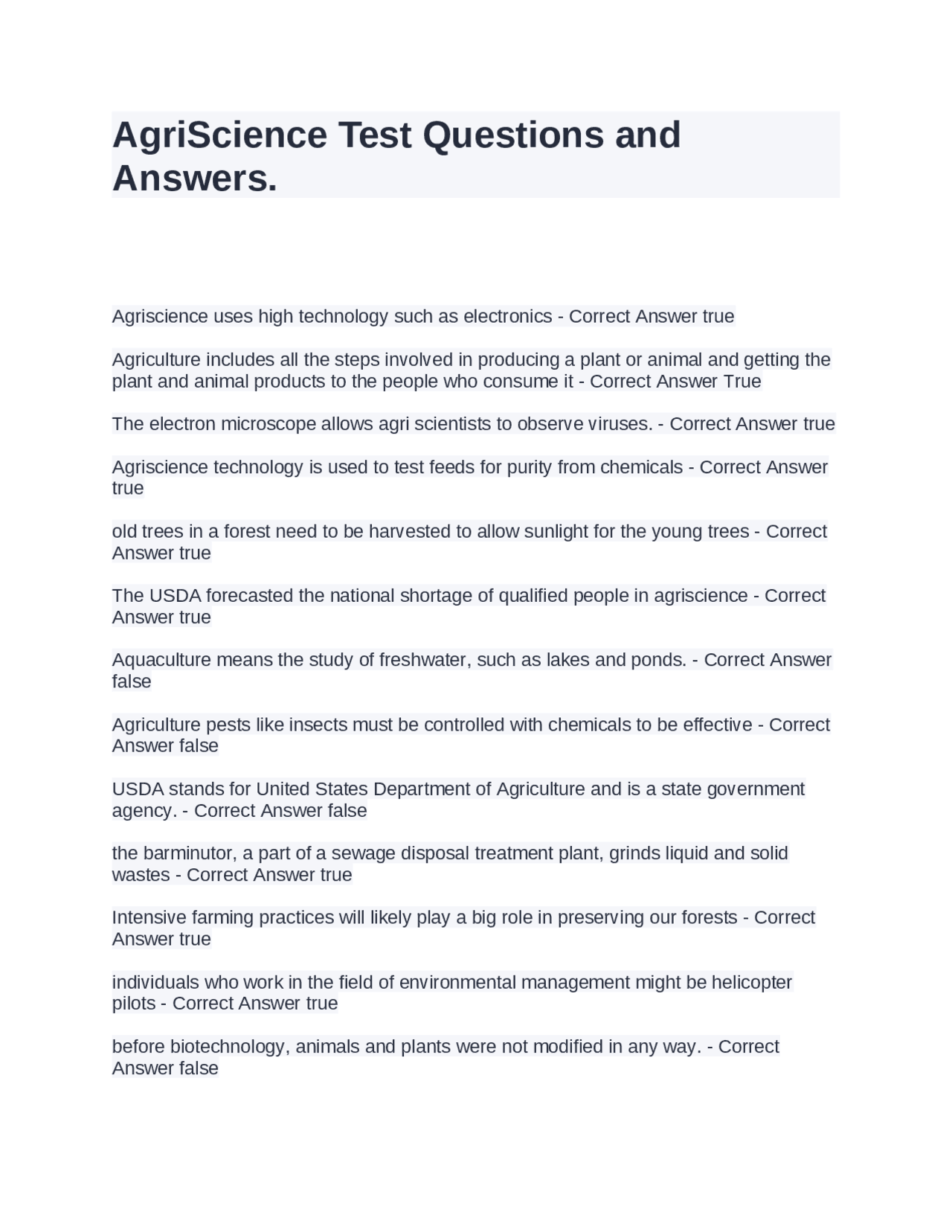 AgriScience Test Questions and Answers. | Exams Food science | Docsity