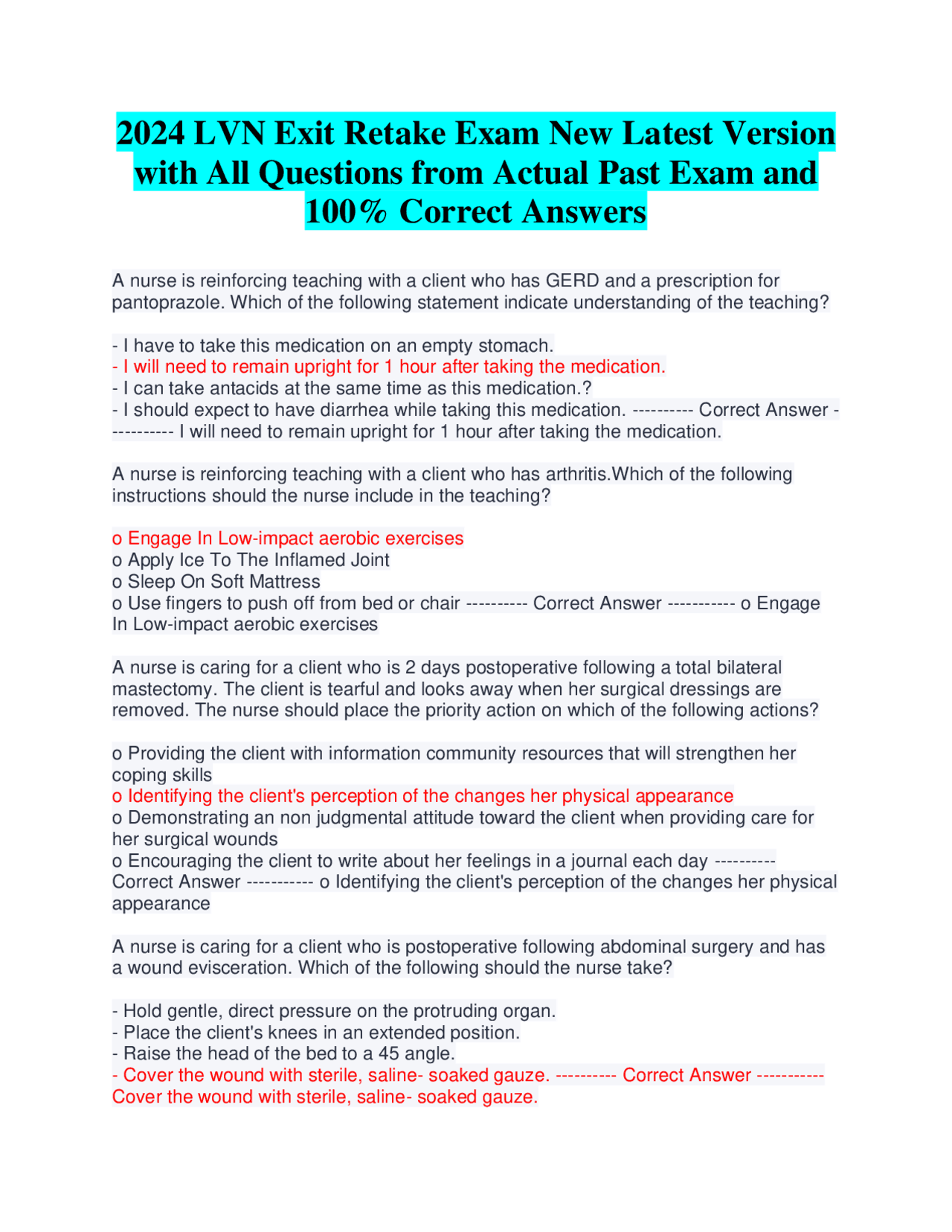 2024 LVN Exit Retake Exam New Latest Version with All Questions from ...