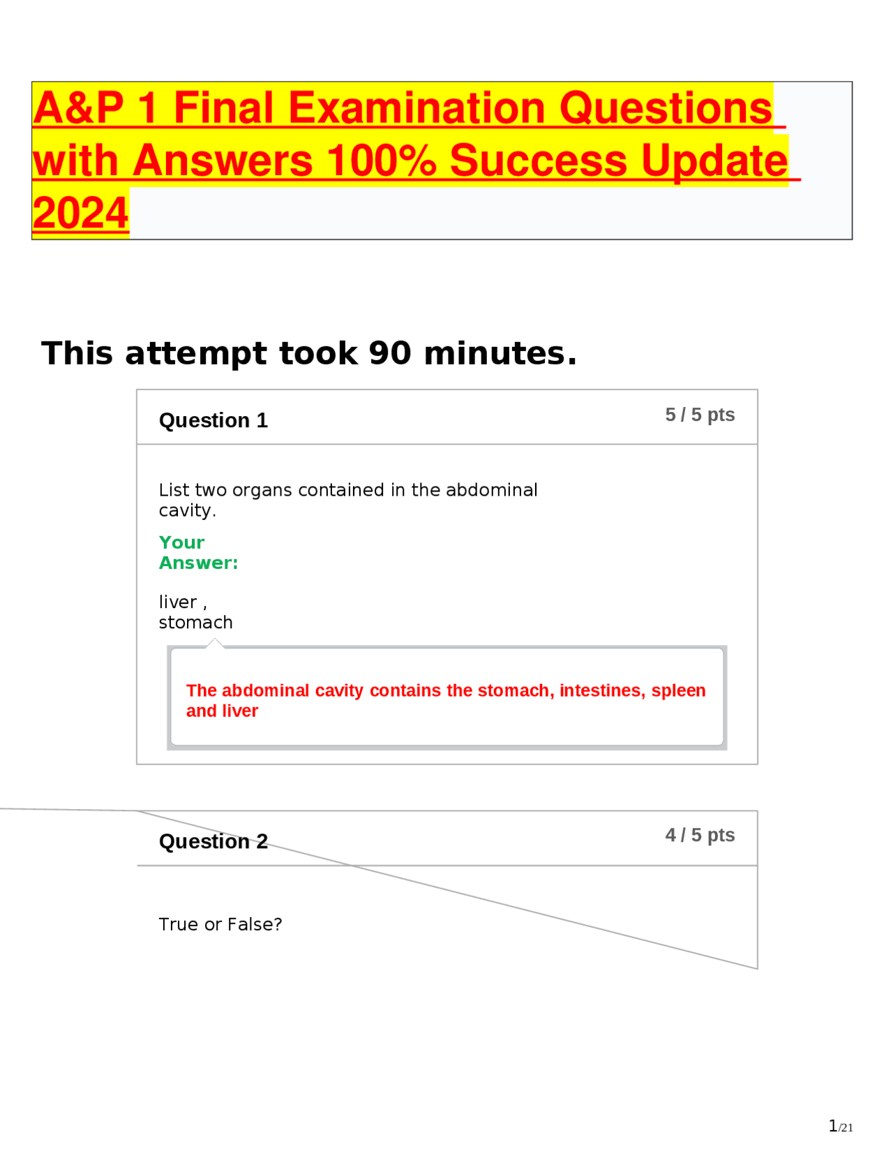 A&P 1 Final Examination Questions with Answers 100% Success Update 2024 ...