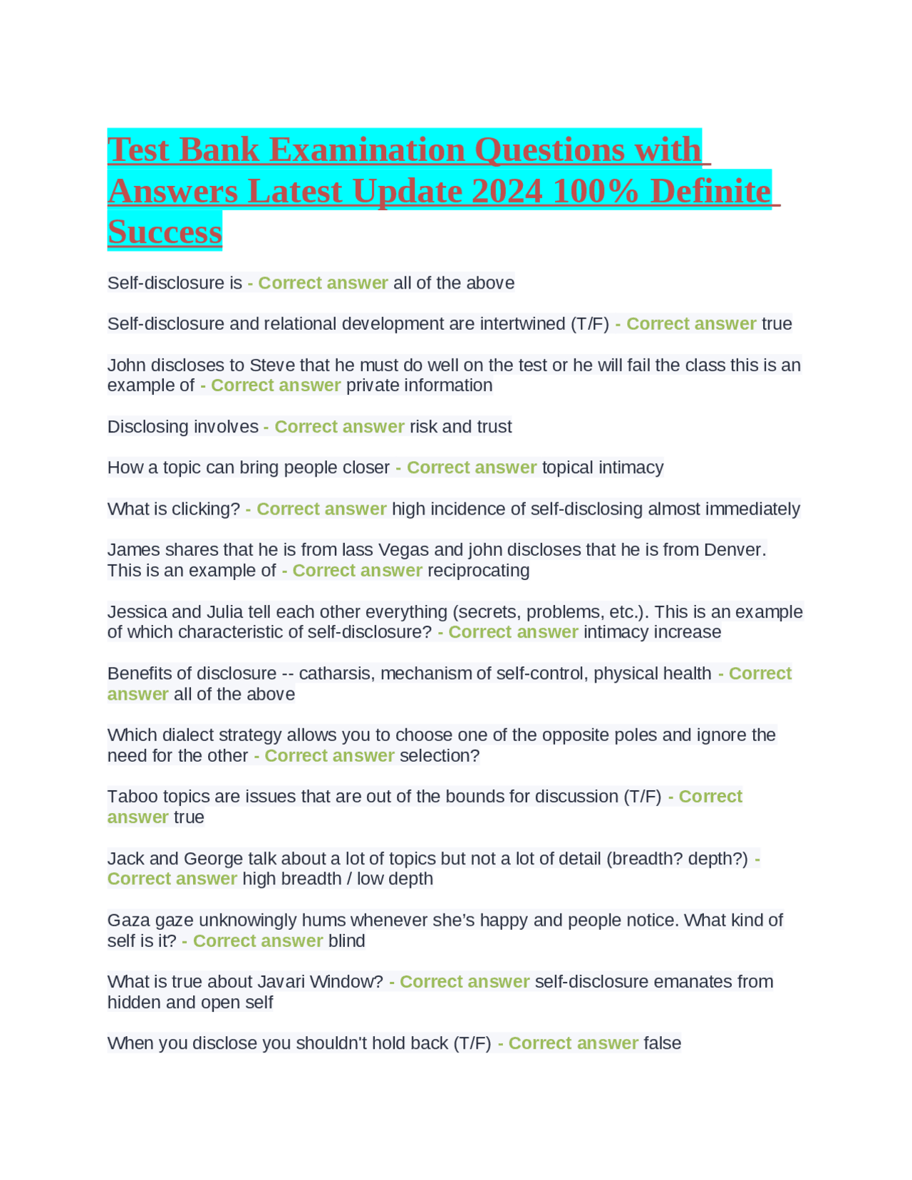 Test Bank Examination Questions with Answers Latest Update 2024 100% ...