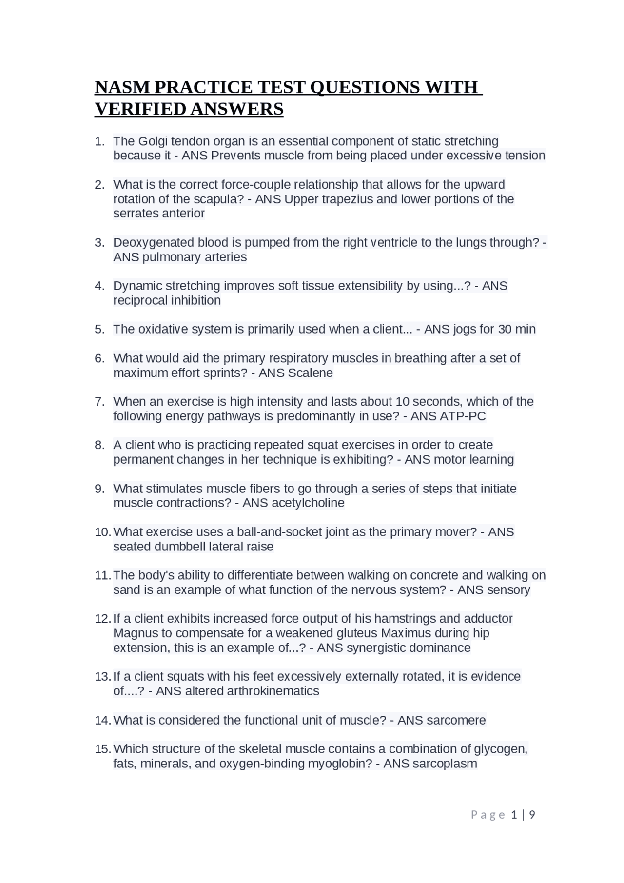 NASM PRACTICE TEST QUESTIONS WITH VERIFIED ANSWERS | Exams Laboratory ...