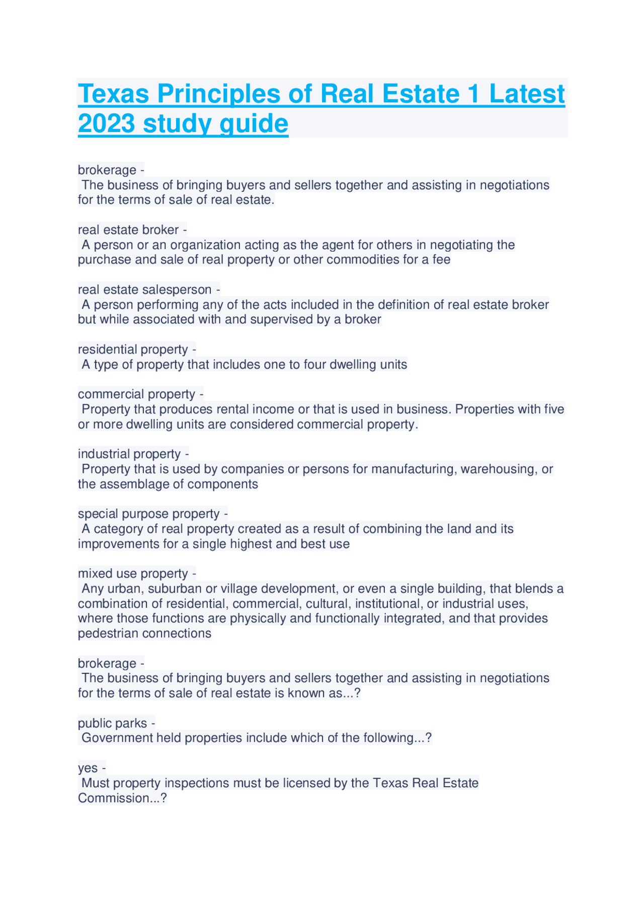 Texas Principles of Real Estate 1 Latest 2023 study guide.pdf | Exams ...