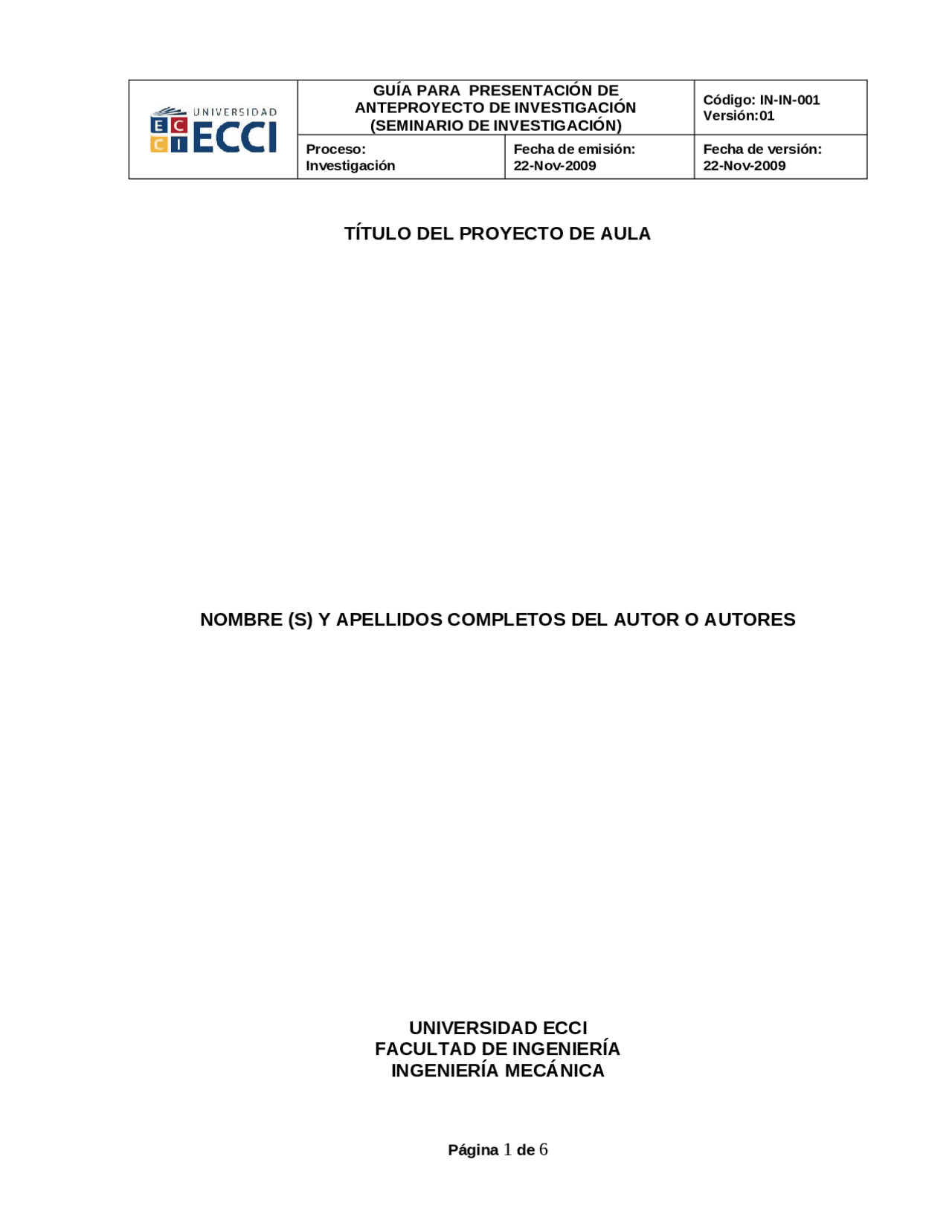 Plantilla proyecto ecci | Guías, Proyectos, Investigaciones de Gestión de Proyectos | Docsity