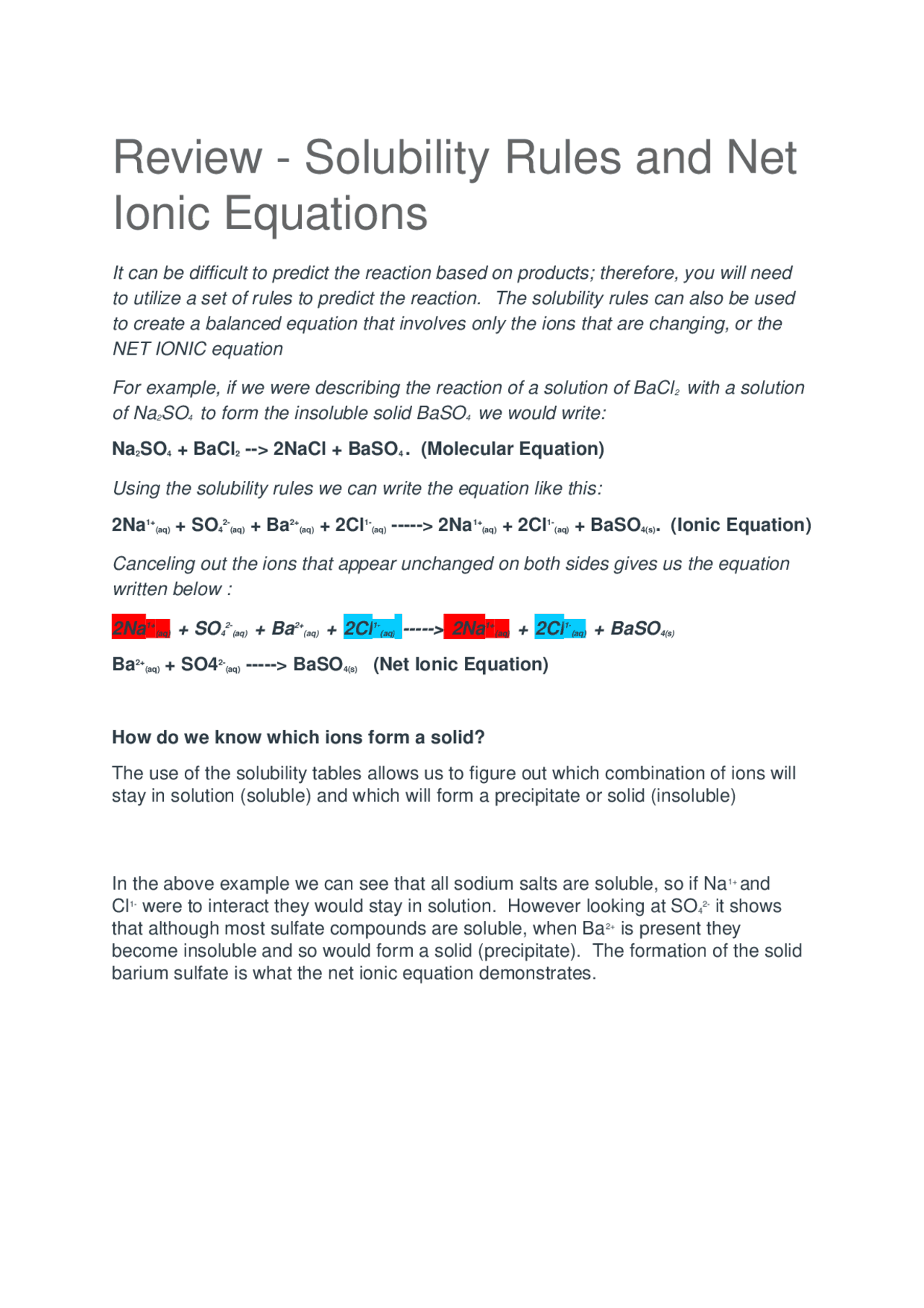 Review - Solubility Rules and Net Ionic Equations | Lecture notes ...