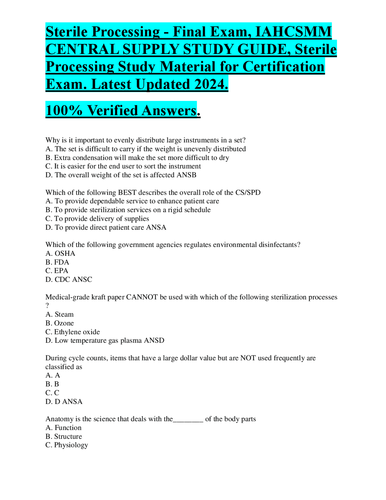 Sterile Processing Exam: CS/SPD Role, Regulatory Agencies ...